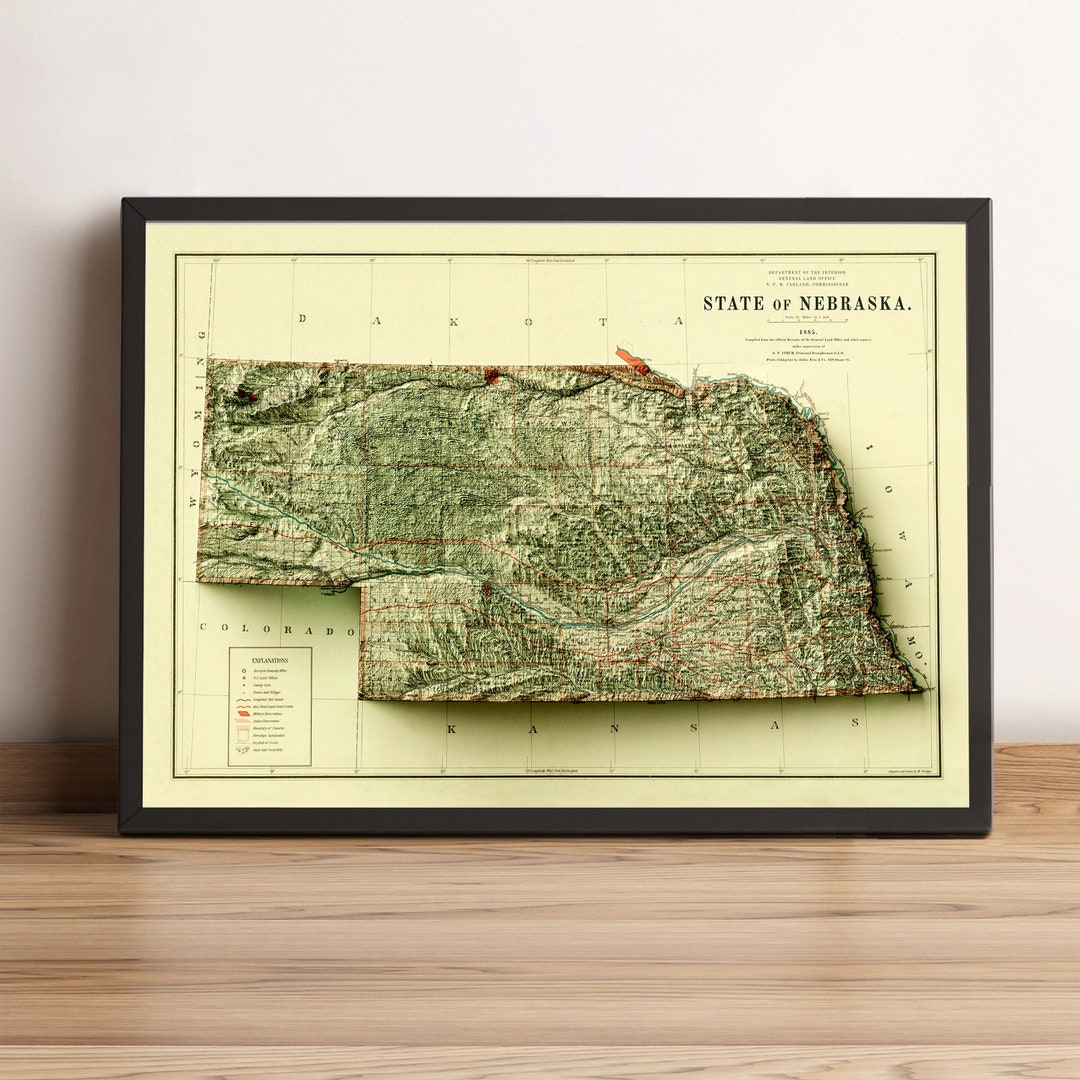 Nebraska Map Nebraska Relief Map Vintage Map of Nebraska - Etsy