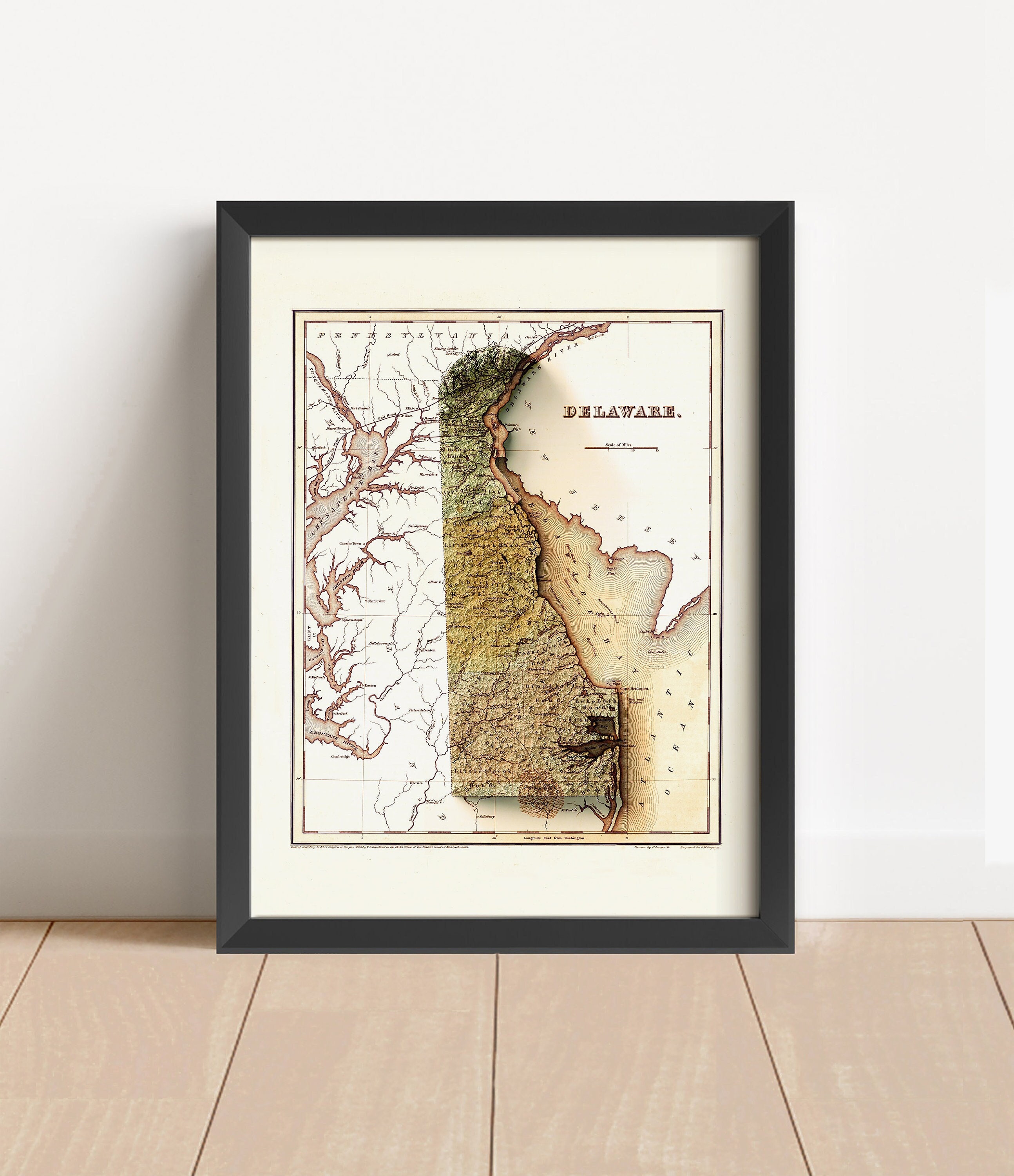 Delaware Map 1838, Delaware Relief Map, Delaware Wall Decor, Delaware Vintage Map, Delaware ...