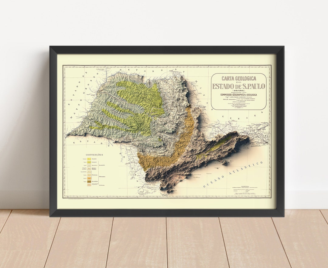 Sao Paulo Brazil Map (1929), Sao Paulo Relief Map, Sao Paulo Wall Decor ...
