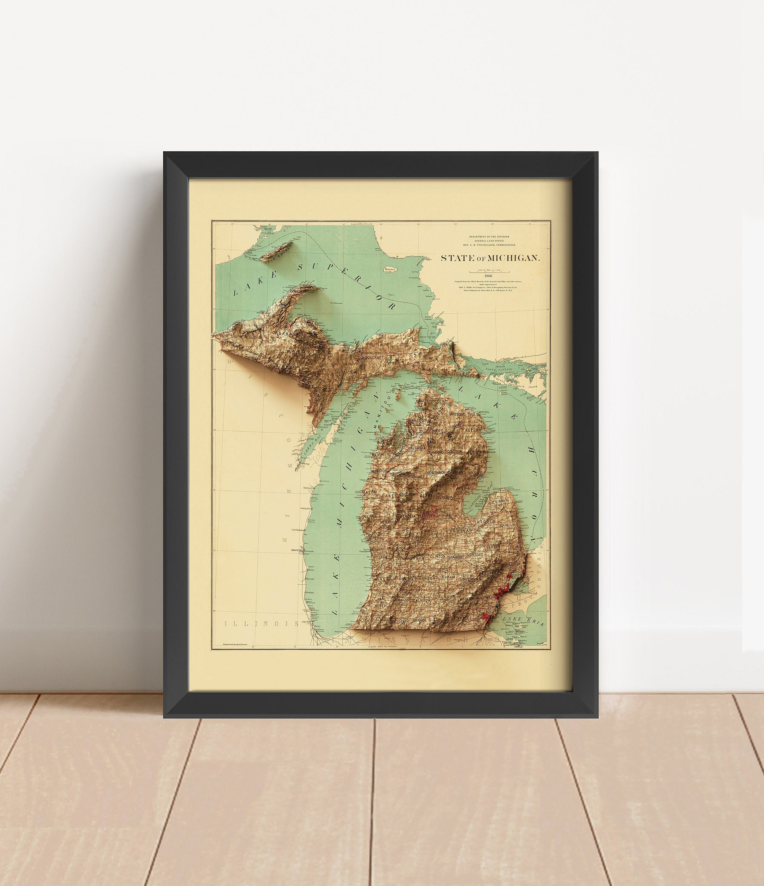 Michigan Vintage Relief Map, Based on 1888 Original | Michigan Wall Art ...