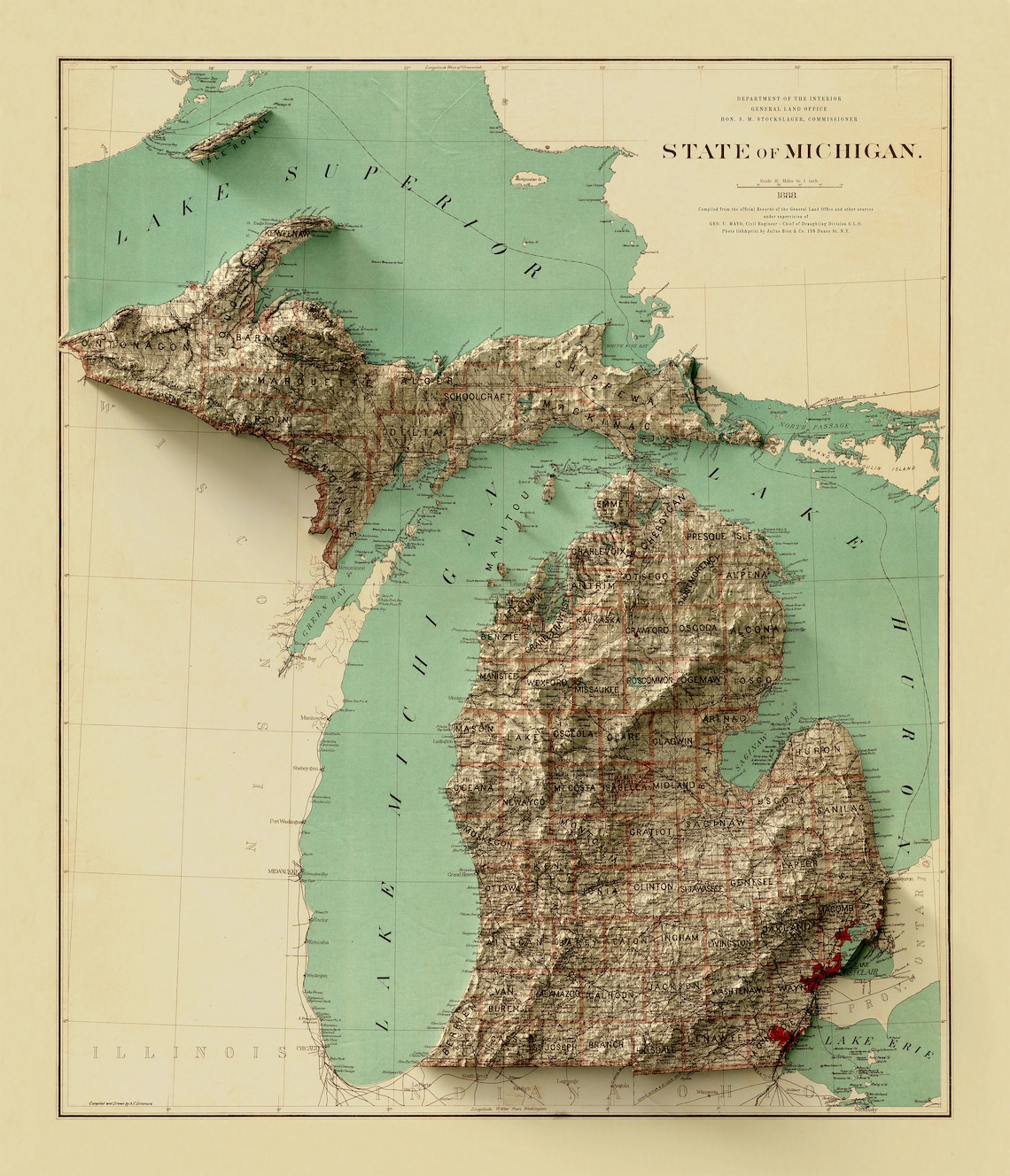 Michigan Map Michigan Relief Map Vintage Map of Michigan Michigan Print ...