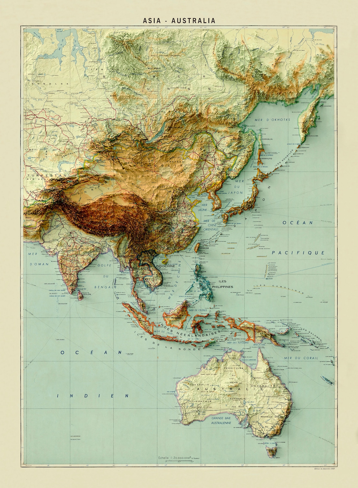 Asia Map Asia Relief Map Asia Vintage Map Asia Print Australia Map ...