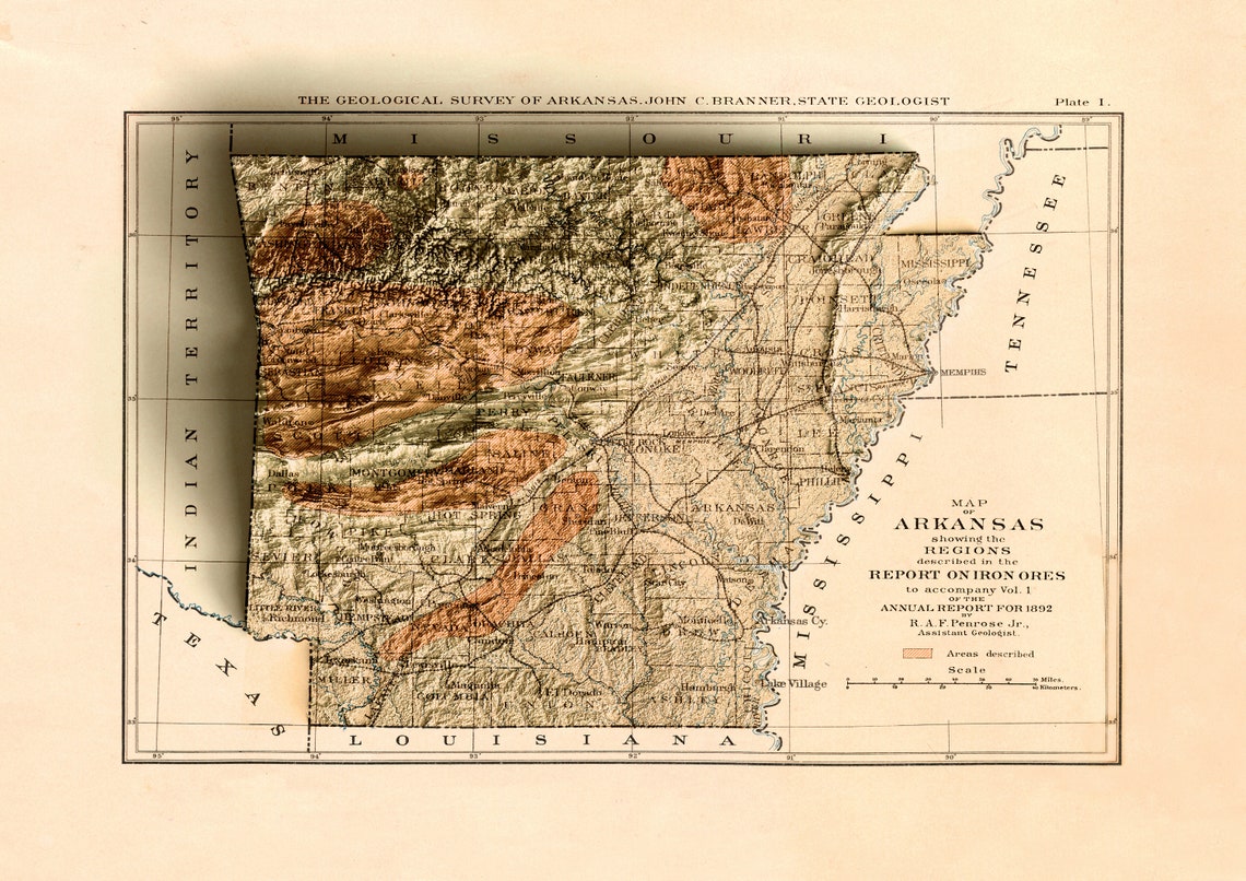 Arkansas Map Arkansas Relief Map Old Map of Arkansas Vintage Map of ...