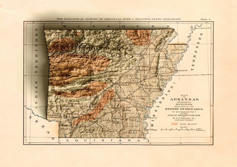 Arkansas Map Arkansas Relief Map Old Map of Arkansas Vintage Map of ...