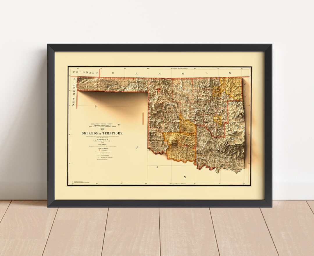 Oklahoma Vintage Relief Map, Based on 1894 Original | Oklahoma Wall Art ...