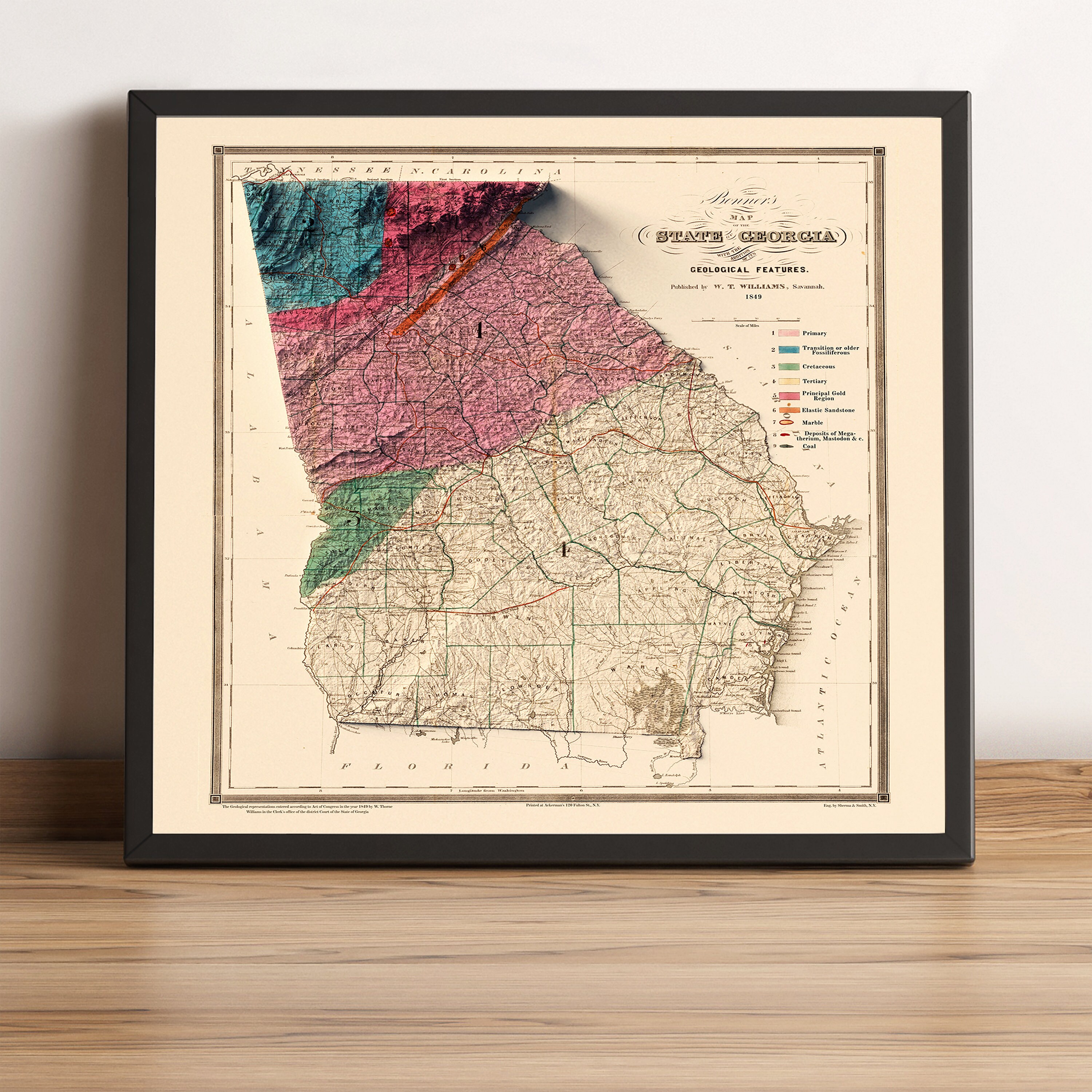 Georgia Map 1849, Georgia USA Relief Map, Georgia Wall Decor, Georgia ...
