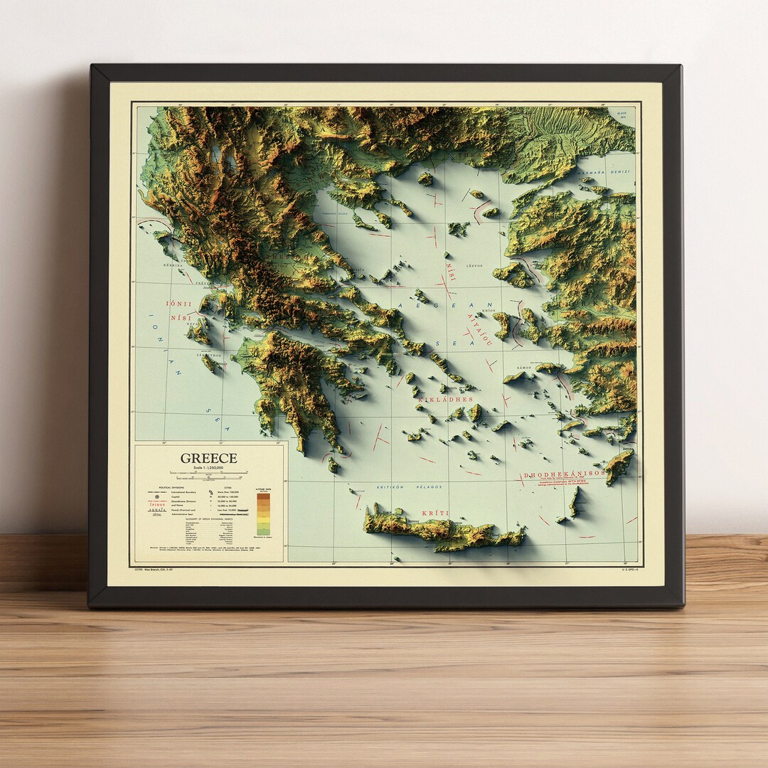 Greece Map Greece Relief Map Greece Vintage Map Greece Print Greece ...