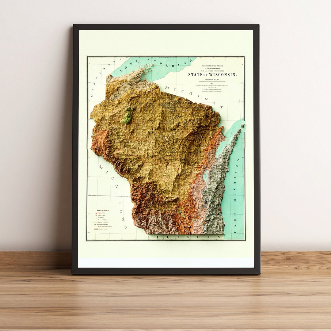 Wisconsin Map Wisconsin Relief Map Vintage Map of - Etsy