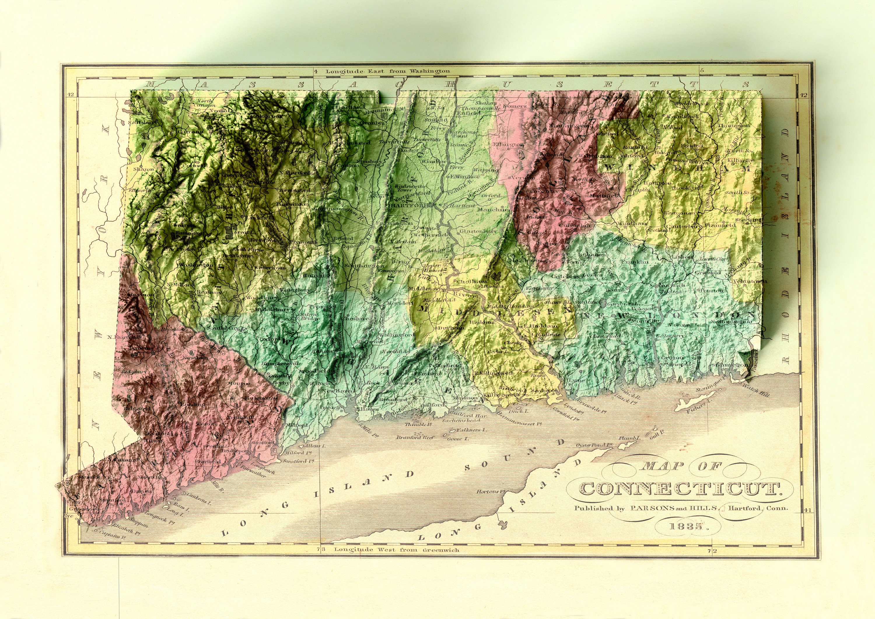 Connecticut Map Connecticut Relief Map Mapa antiguo de | Etsy