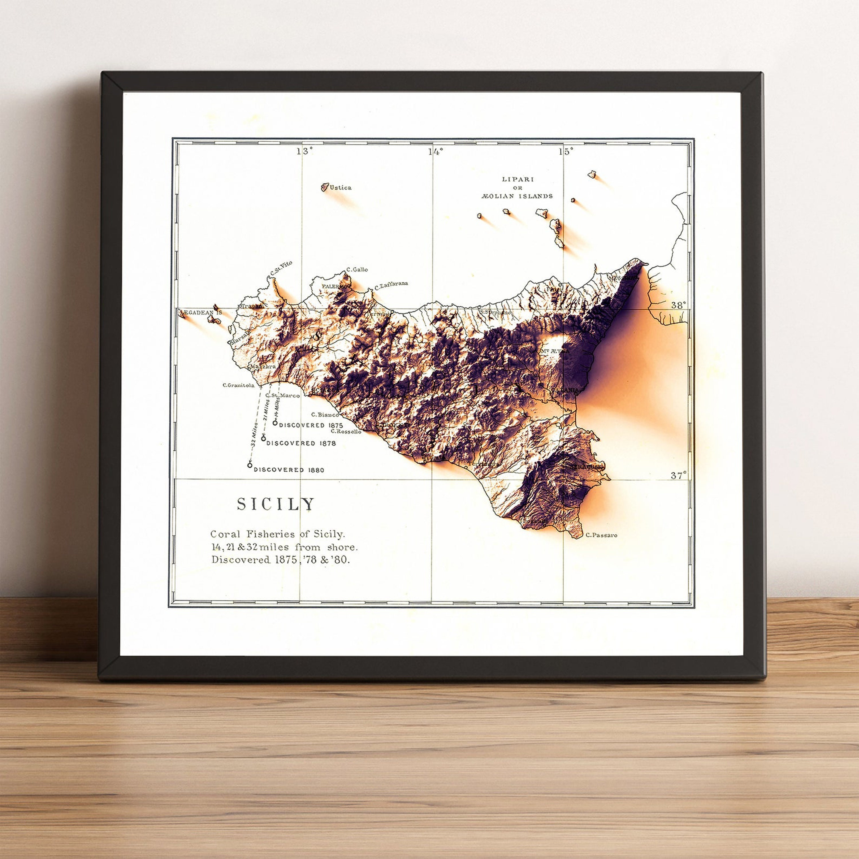 Sicily Italy Map 1880, Sicily Relief Map, Sicily Wall Decor, Sicily ...
