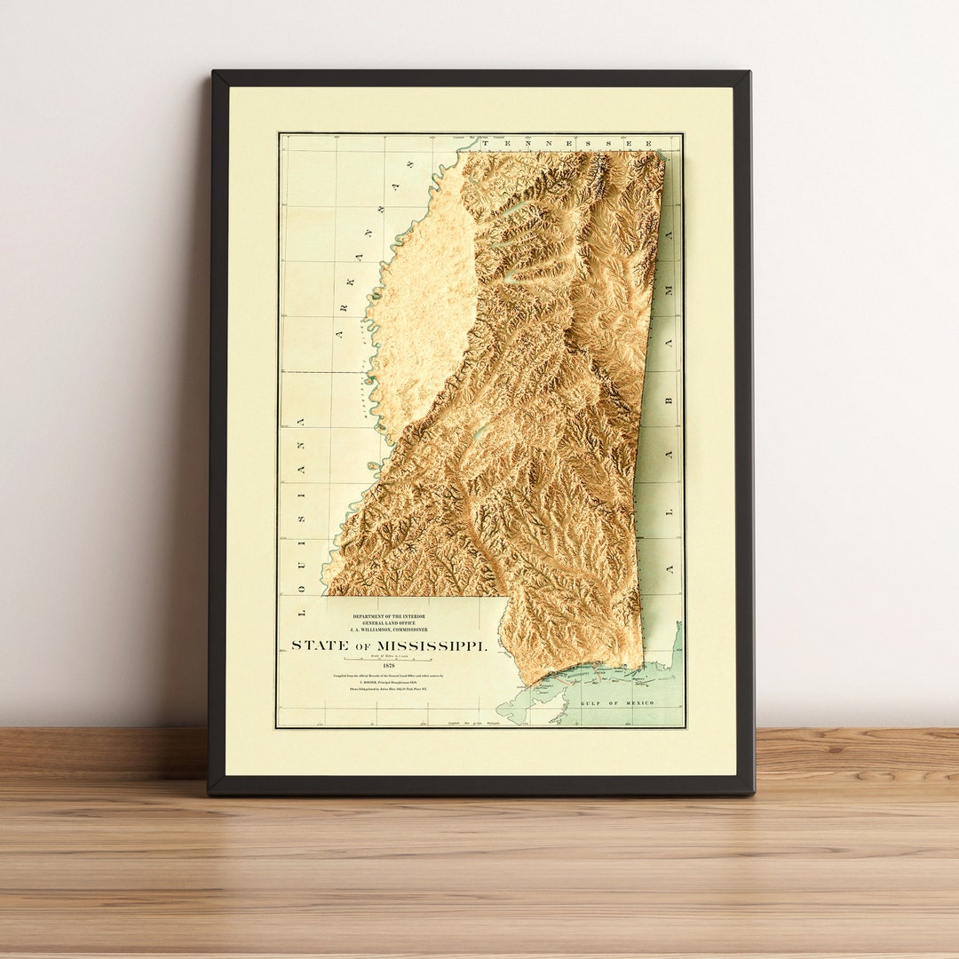 Mississippi Map Mississippi Relief Map Vintage Map of Mississippi Mississippi Print Mississippi ...