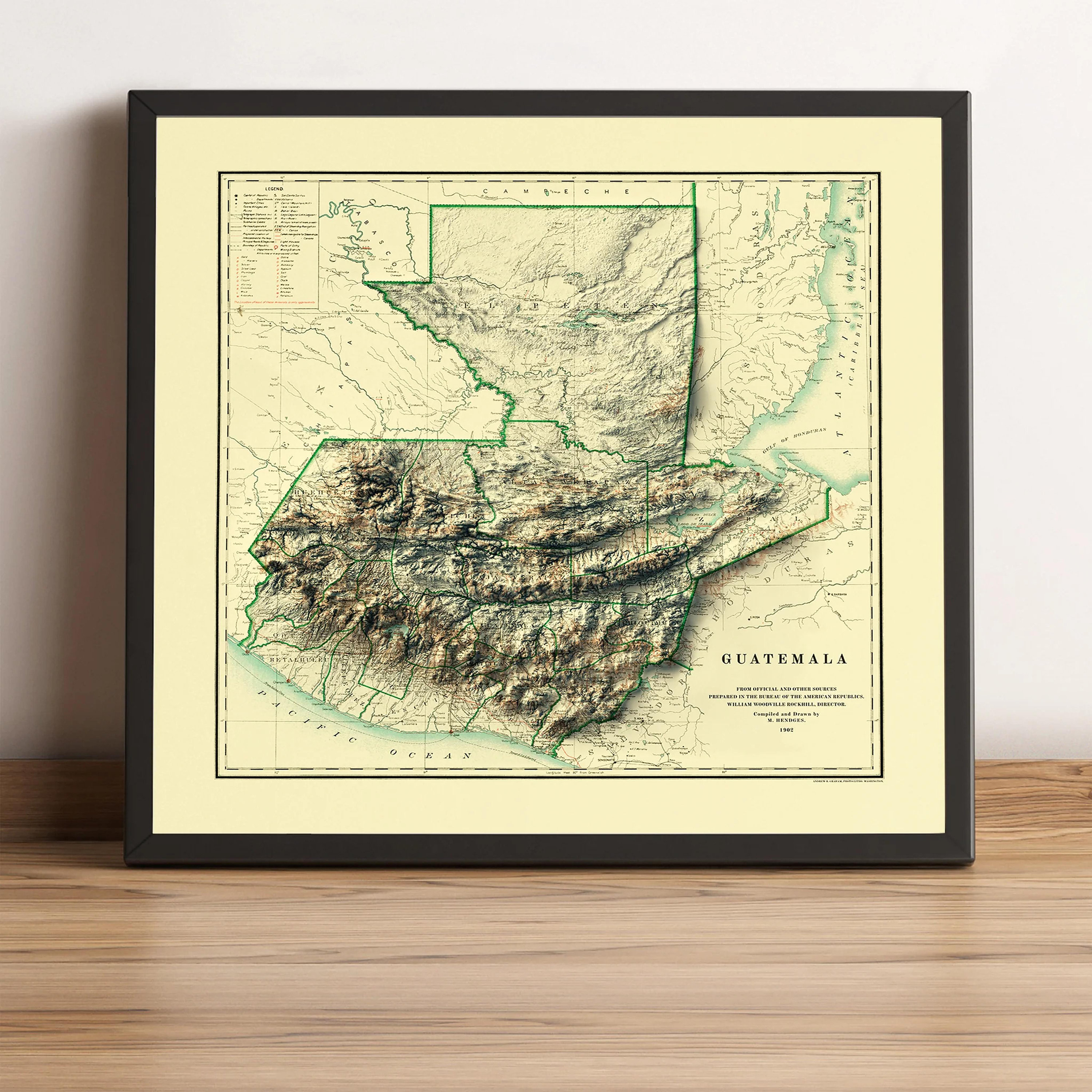 Guatemala Map 1902, Guatemala Relief Map, Guatemala Wall Decor ...