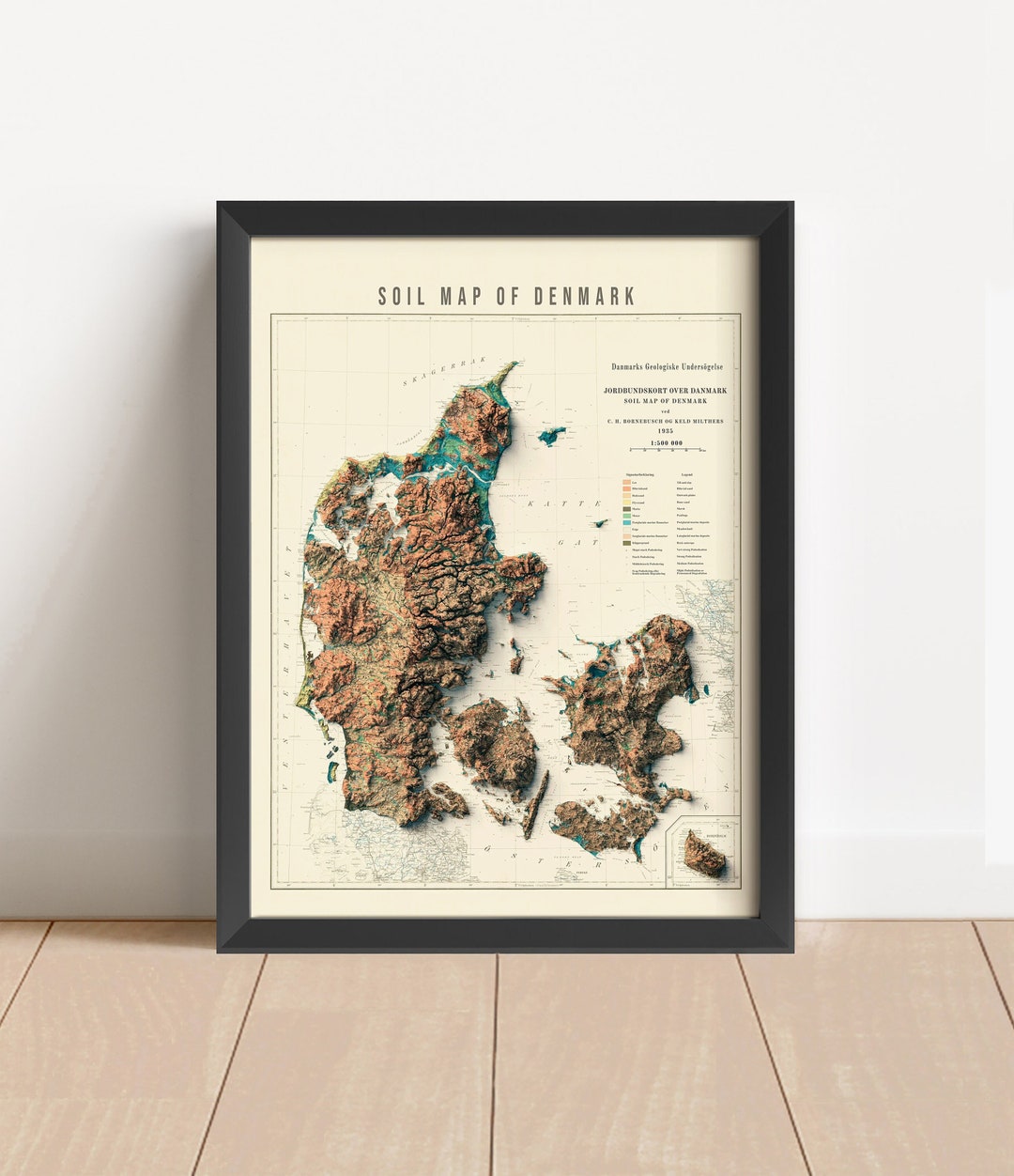 Denmark Map (1935), Denmark Relief Map, Denmark Wall Decor, Denmark ...