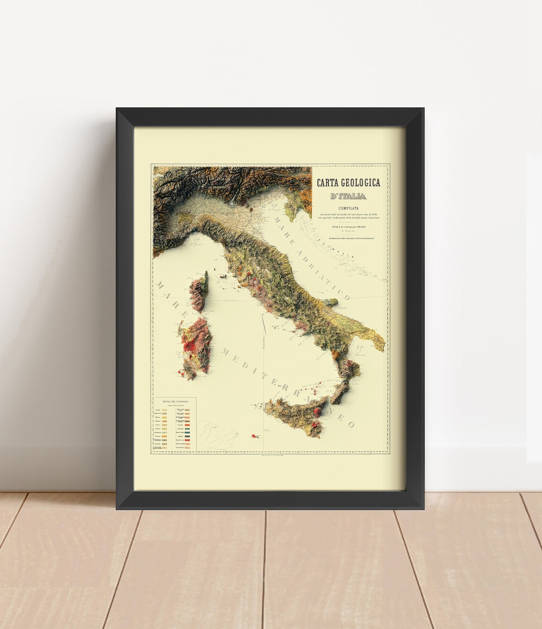 Mapa geológico de Italia 1880, mapa en relieve de Italia, decoración de ...