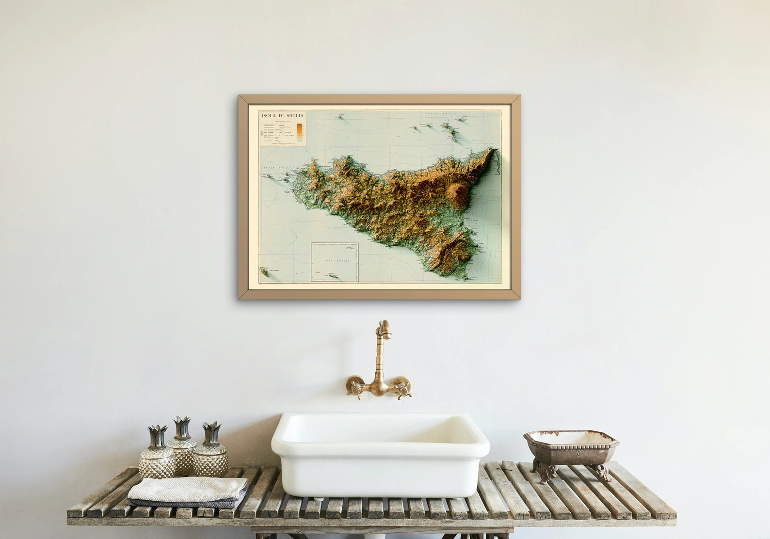Sicily Map - Sicily Relief Map - Sicilia Wall Decor - Vintage Map of ...
