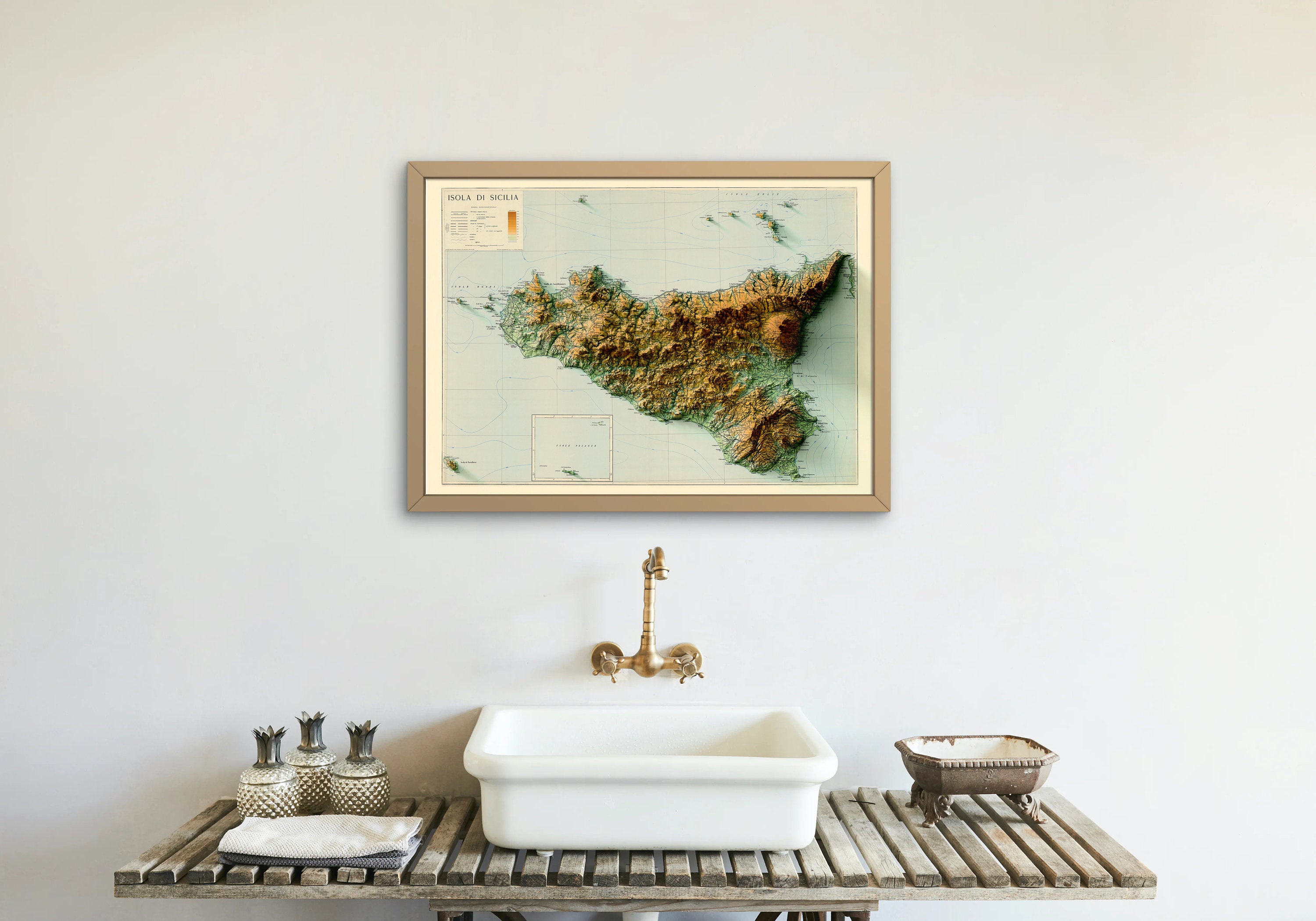 Sicily Map - Sicily Relief Map - Sicilia Wall Decor - Vintage Map of ...