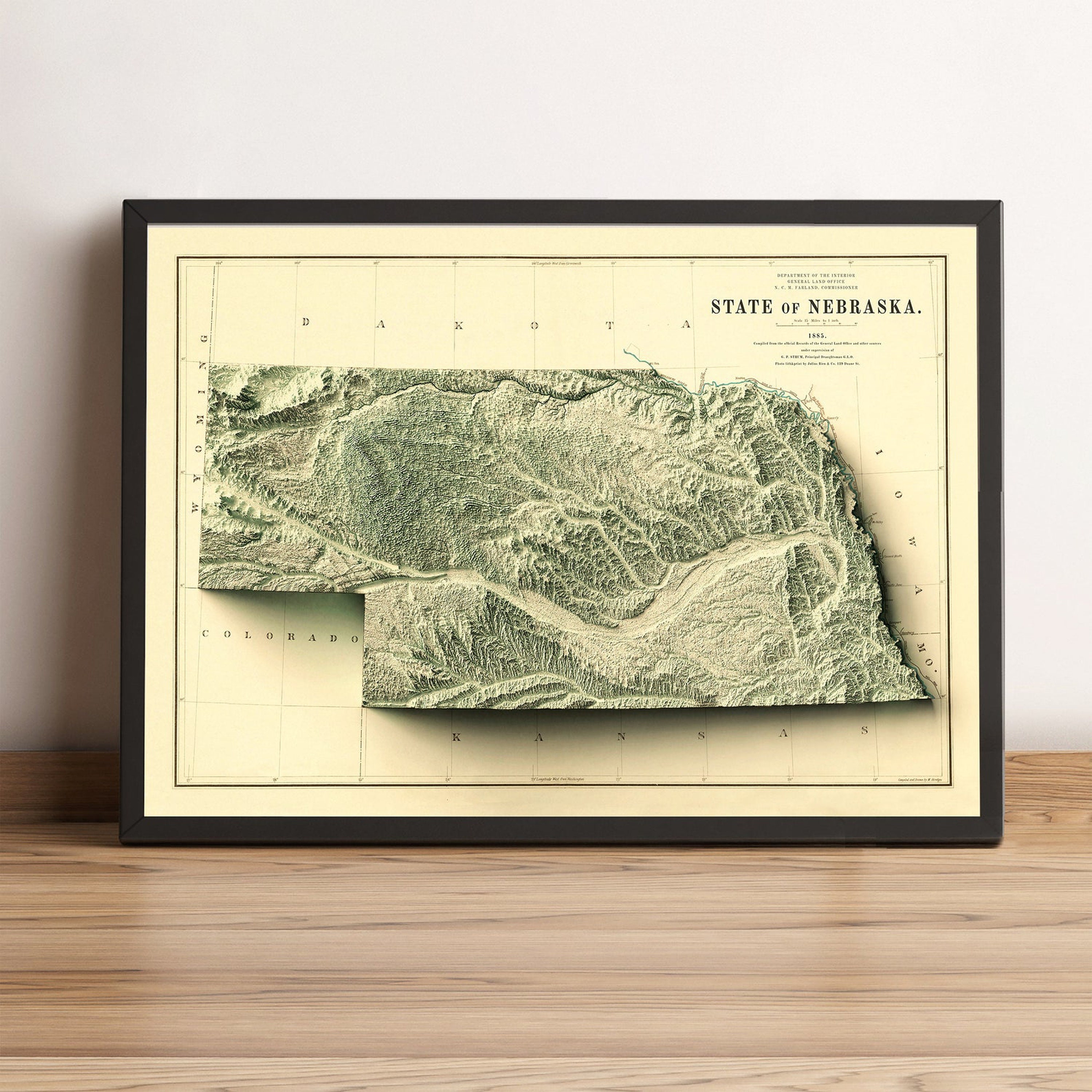 Nebraska Map 1885, Nebraska Relief Map, Nebraska Wall Decor, Nebraska ...