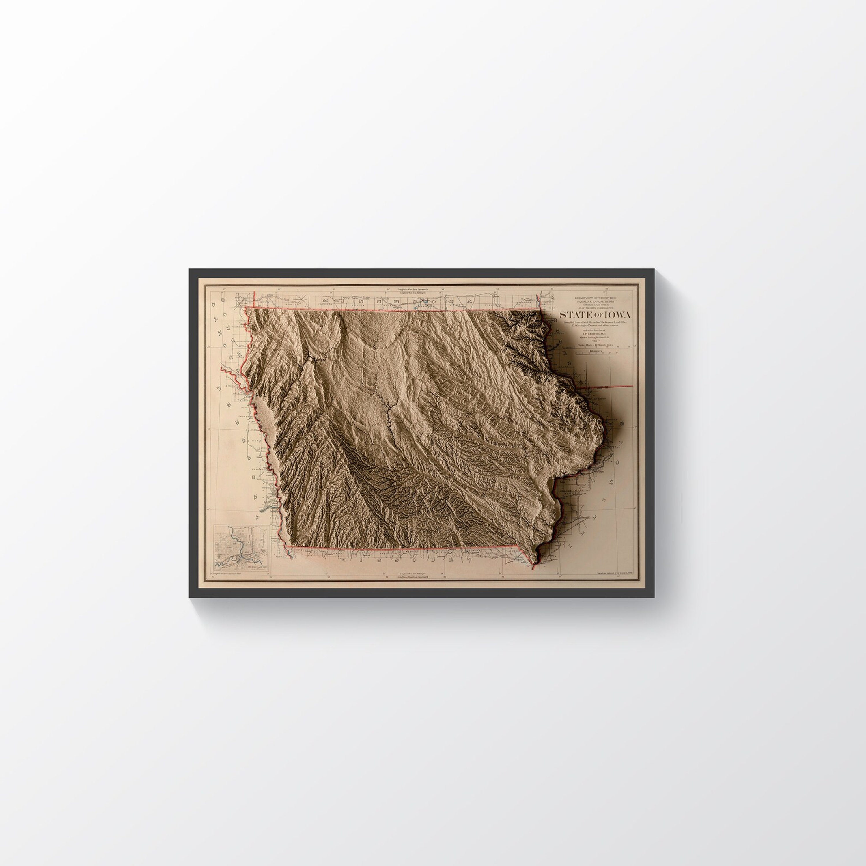 Iowa Map 1917, Iowa Relief Map, Iowa Wall Decor, Iowa Vintage Map, Iowa ...