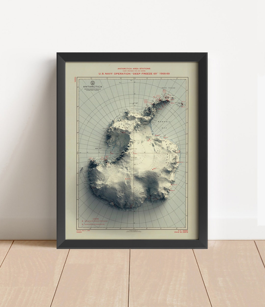 Antarctica Map (1968), Antarctica Relief Map, Antarctica Wall Decor ...