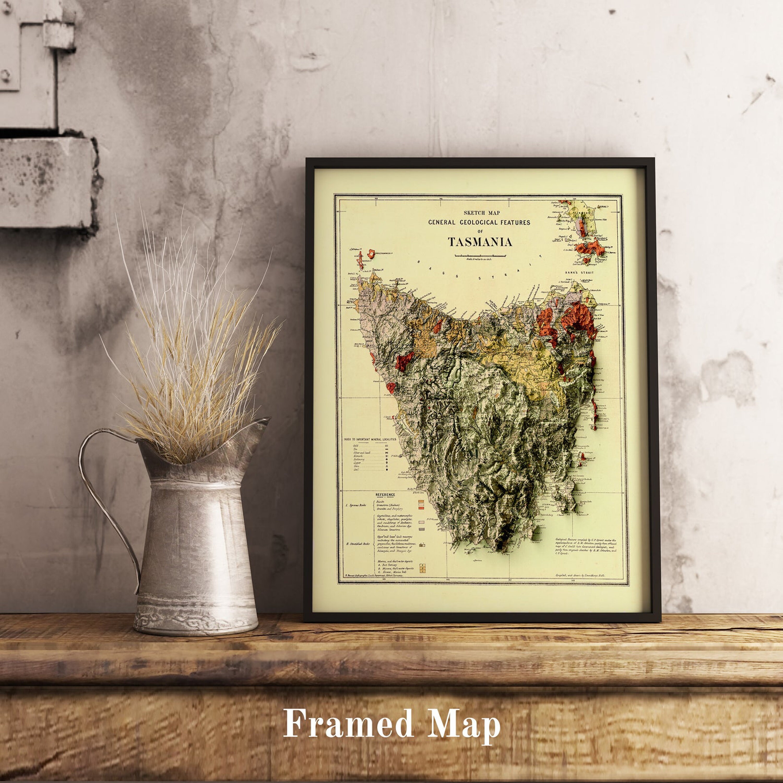 Tasmania Map 1884, Tasmania Relief Map, Tasmania Wall Decor, Tasmania ...