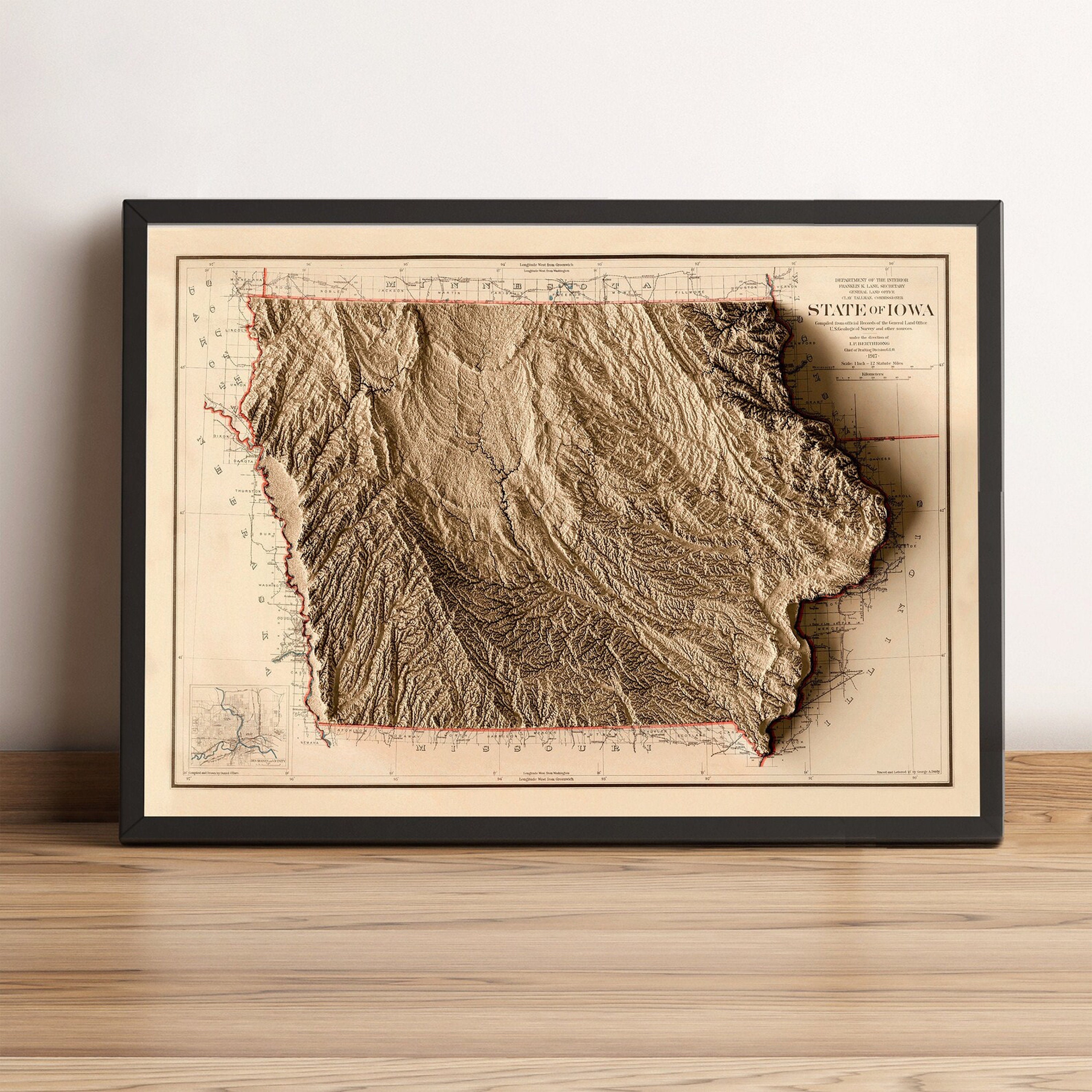 Iowa Map 1917, Iowa Relief Map, Iowa Wall Decor, Iowa Vintage Map, Iowa ...