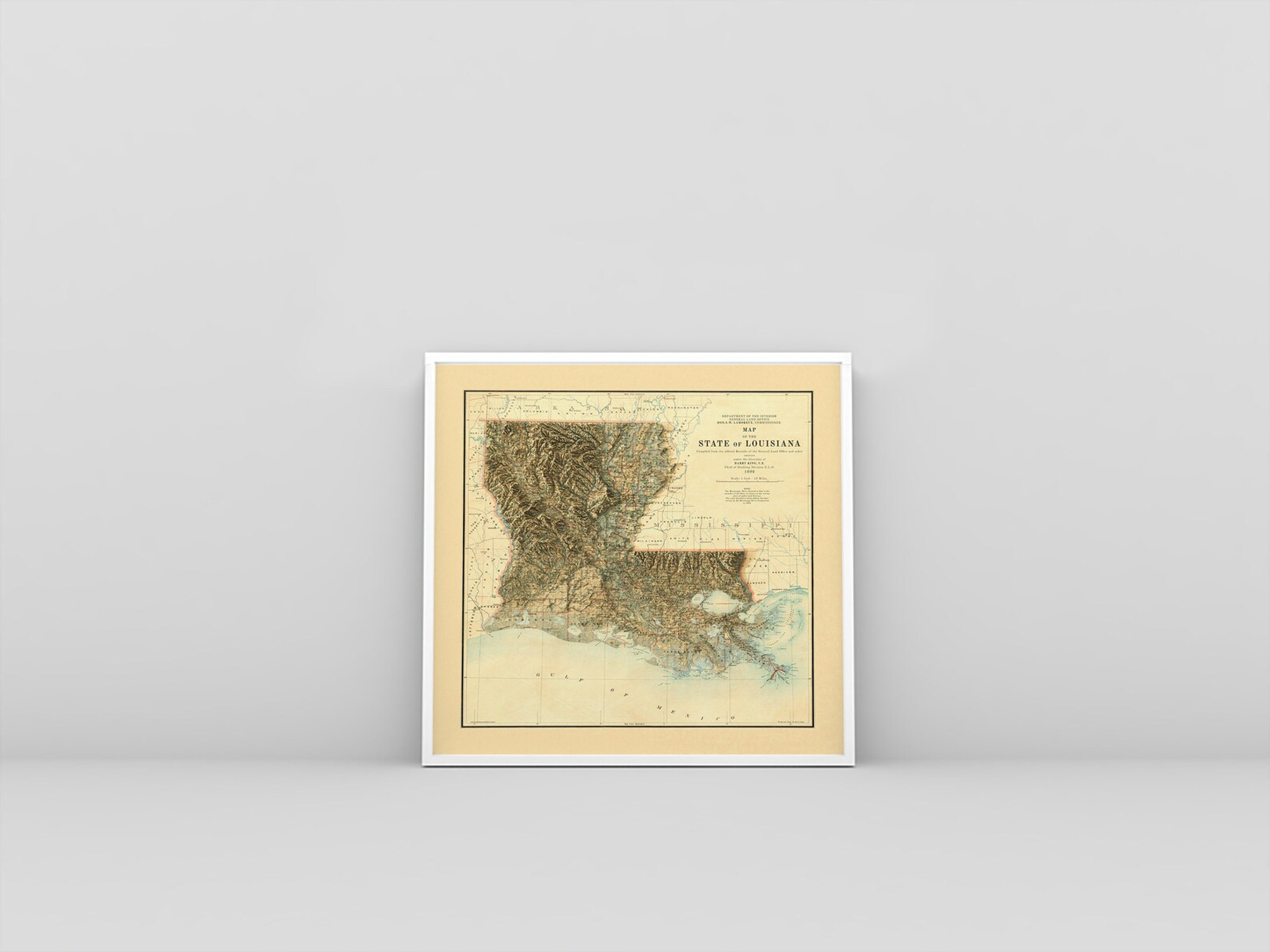 Louisiana Map 1896, Louisiana Relief Map, Louisiana Wall Decor, Louisiana Vintage Map, Louisiana ...