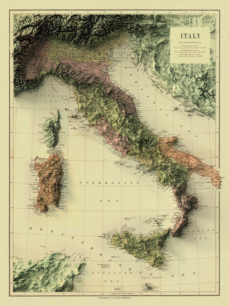 Italy Map Italy Relief Map Italy 3D Map Italy Vintage Map - Etsy