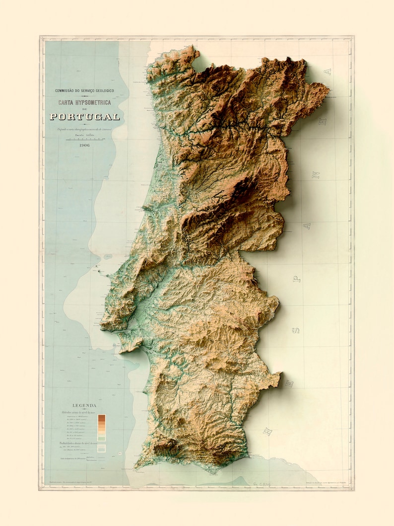 Portugal Map Portugal Relief Map Vintage Map of Portugal Portugal 3D ...
