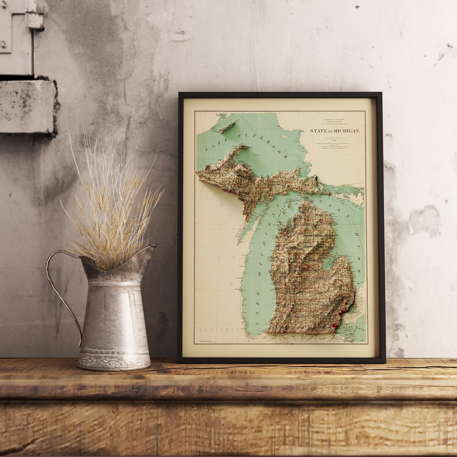 Michigan Map Michigan Relief Map Vintage Map of Michigan Michigan Print ...