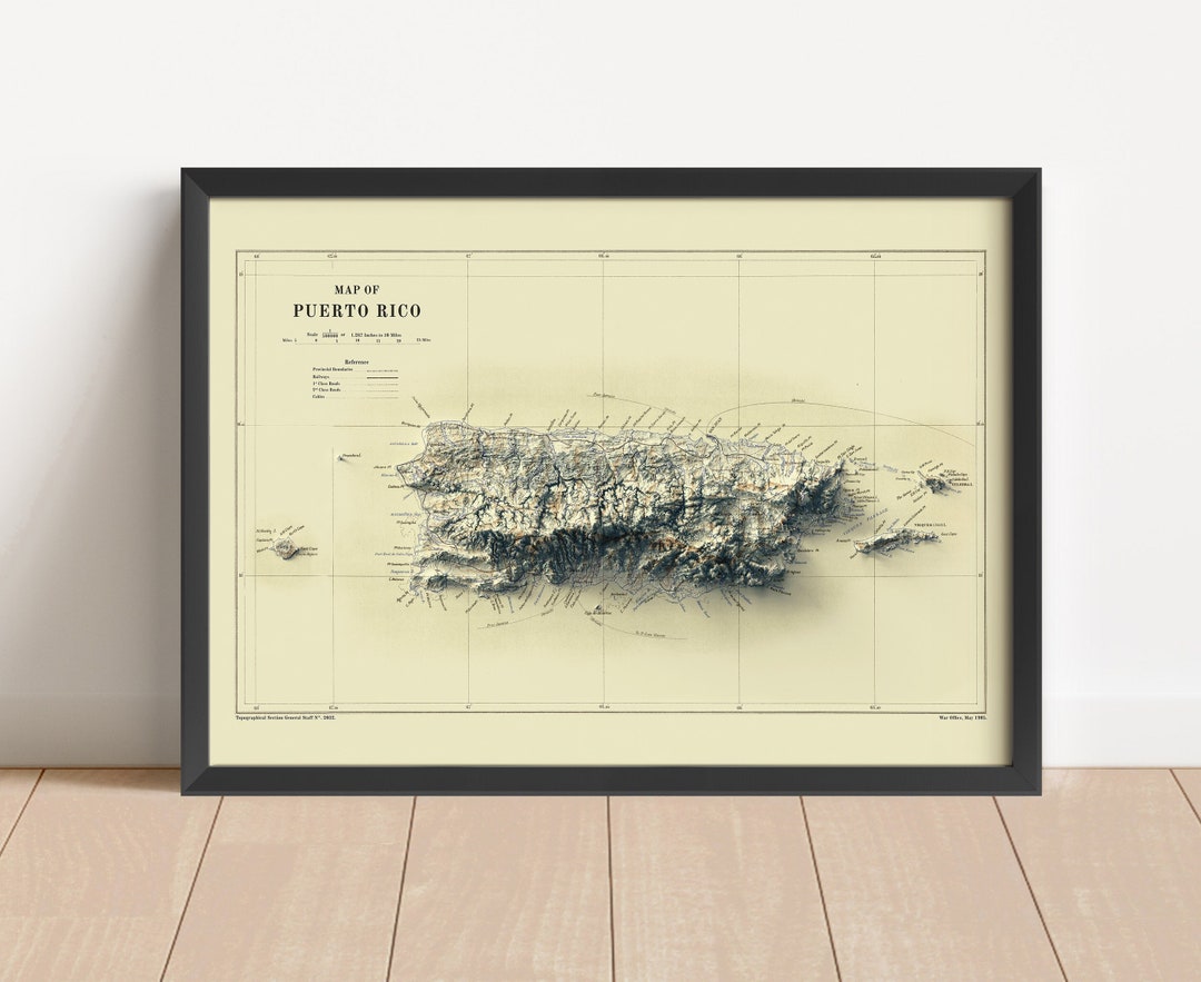 Puerto Rico Map (1905), Puerto Rico Relief Map, Puerto Rico Wall Decor ...
