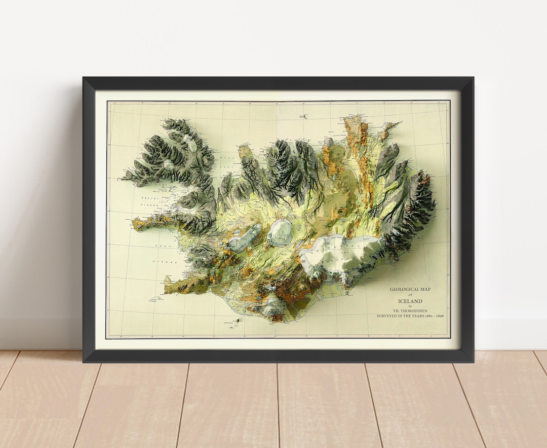 Iceland Map (1901), Iceland Relief Map, Iceland Wall Decor, Iceland ...