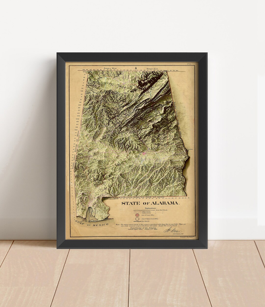 Alabama Map 1866, Alabama Relief Map, Alabama Wall Decor, Alabama ...