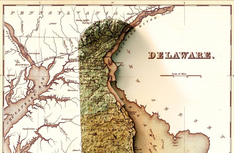 Delaware Map 1838, Delaware Relief Map, Delaware Wall Decor, Delaware Vintage Map, Delaware ...