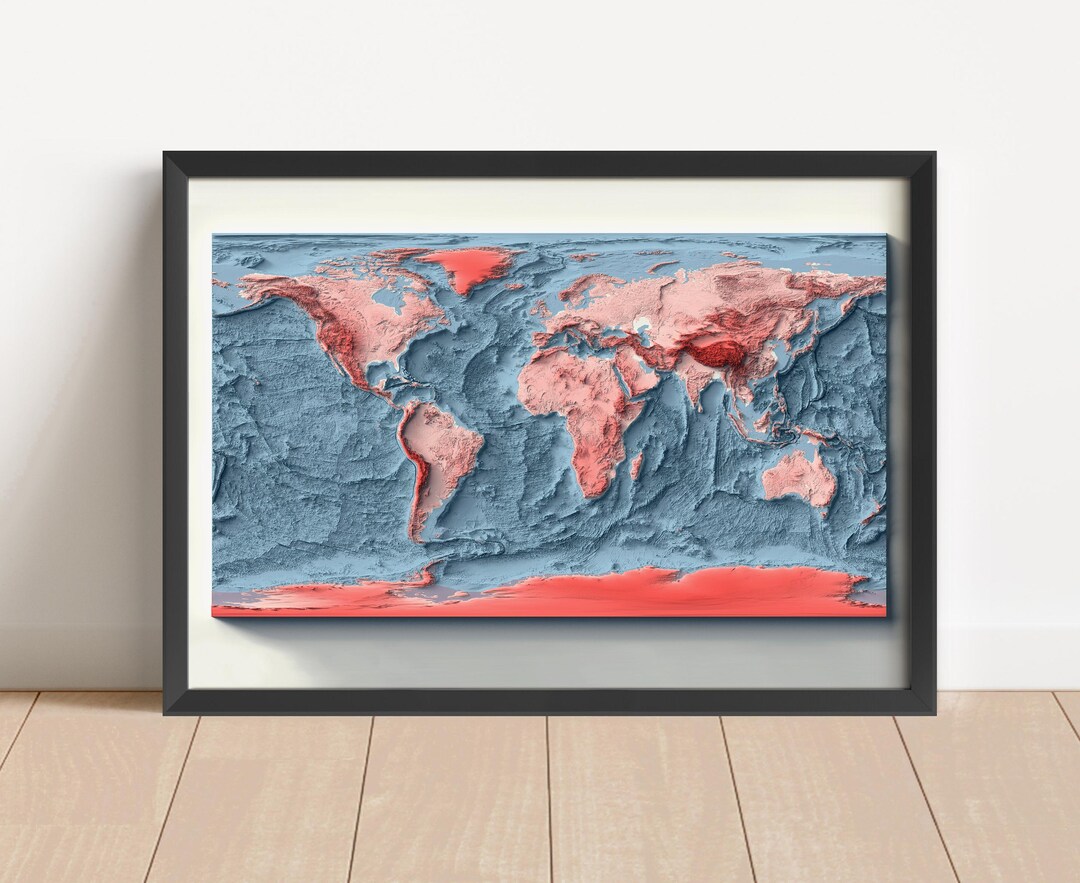 Bathymetric World Relief Map and Red-shaded Continents | World Framed ...