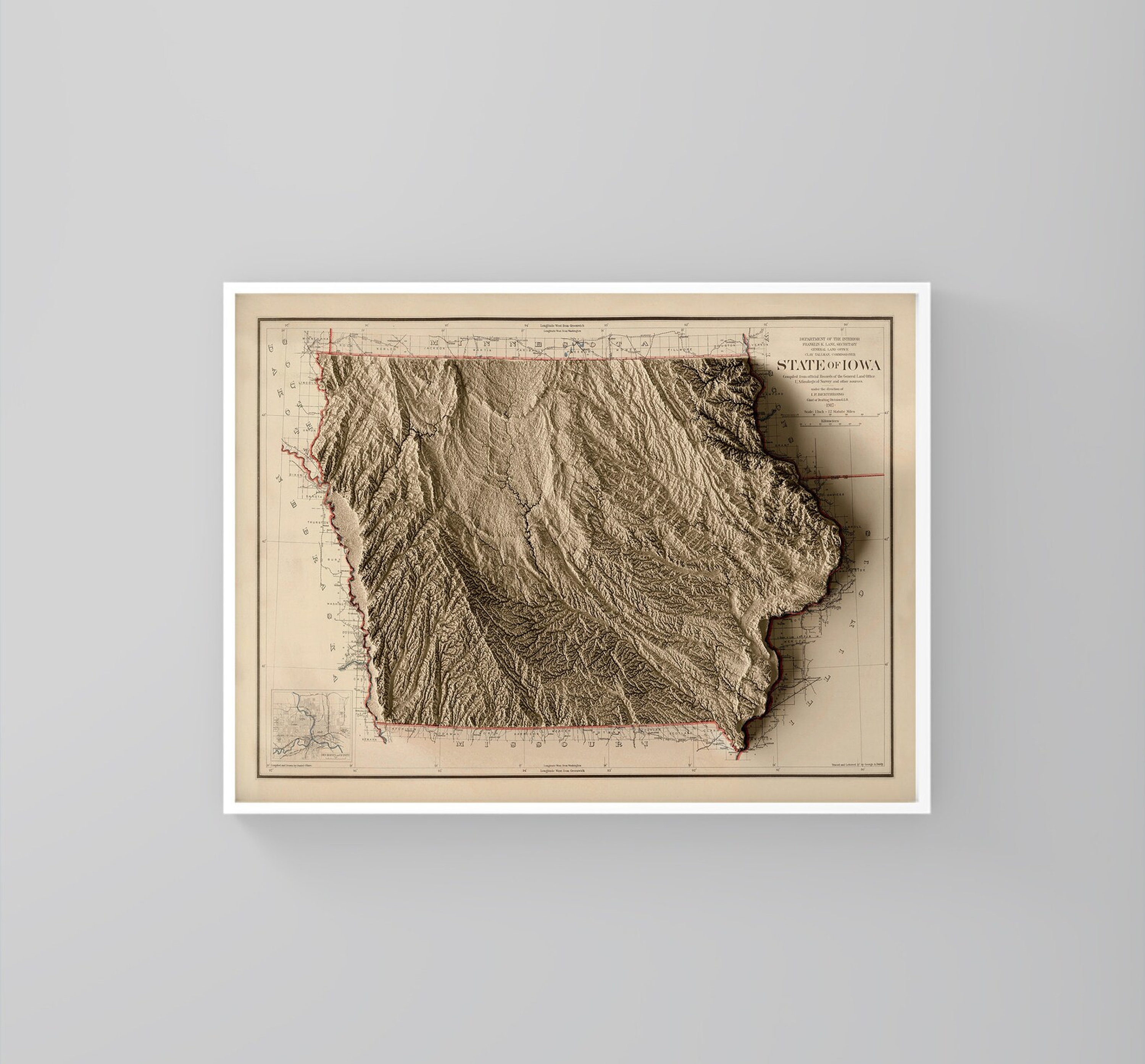 Iowa Map 1917, Iowa Relief Map, Iowa Wall Decor, Iowa Vintage Map, Iowa ...