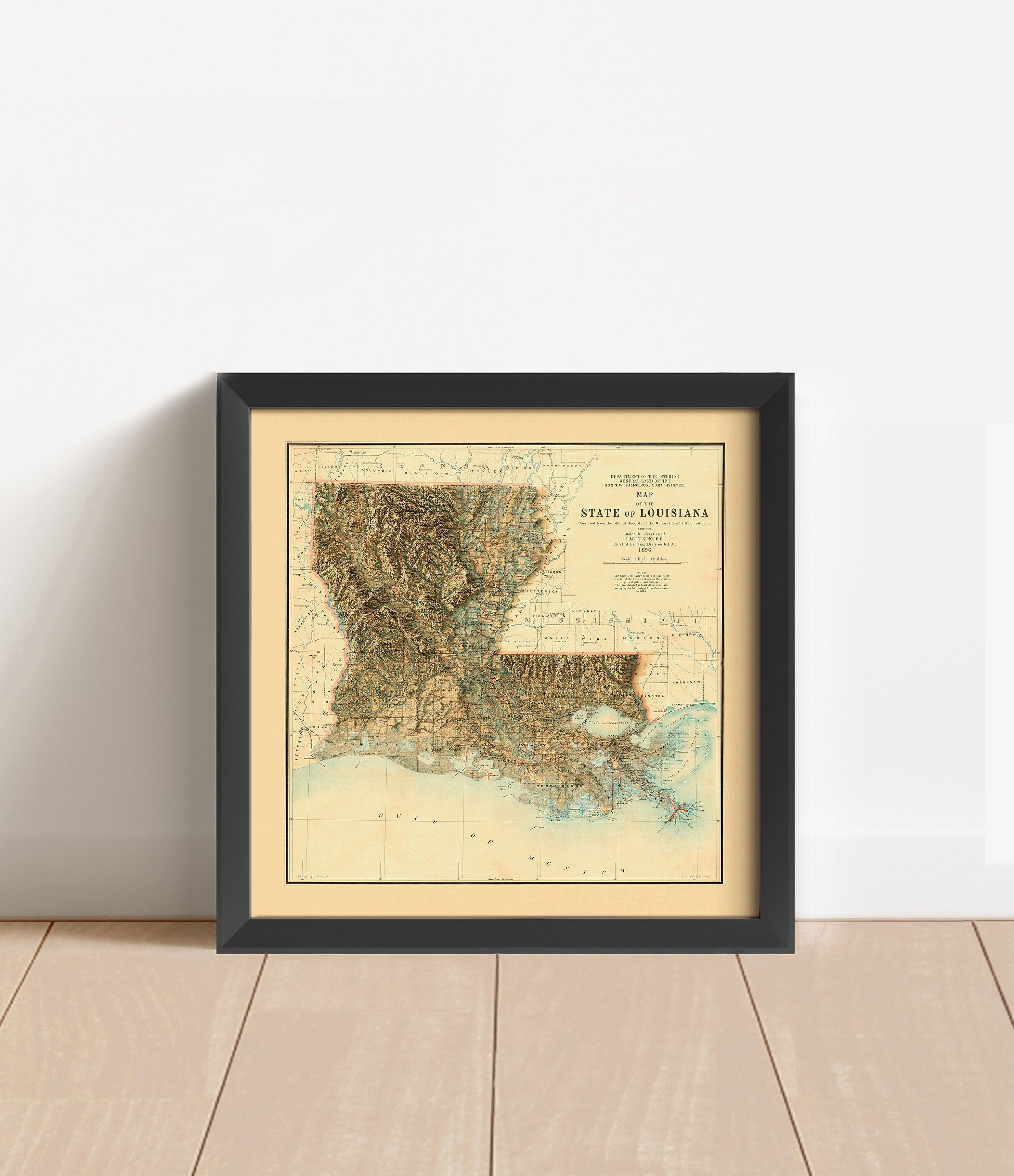 Louisiana Map 1896, Louisiana Relief Map, Louisiana Wall Decor ...