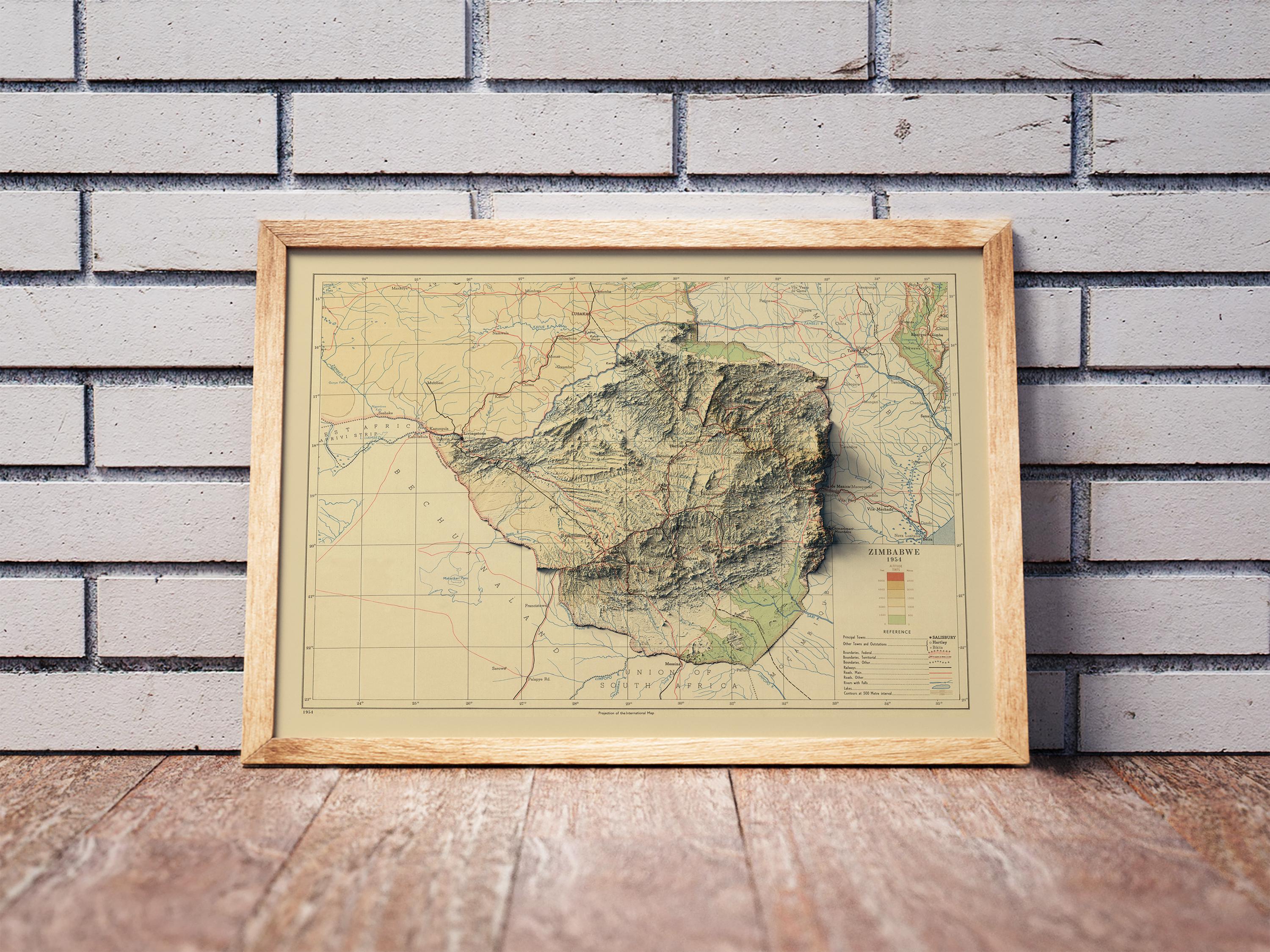 Zimbabwe Vintage Relief Map, Based on 1954 Original | Zimbabwe Wall Art ...