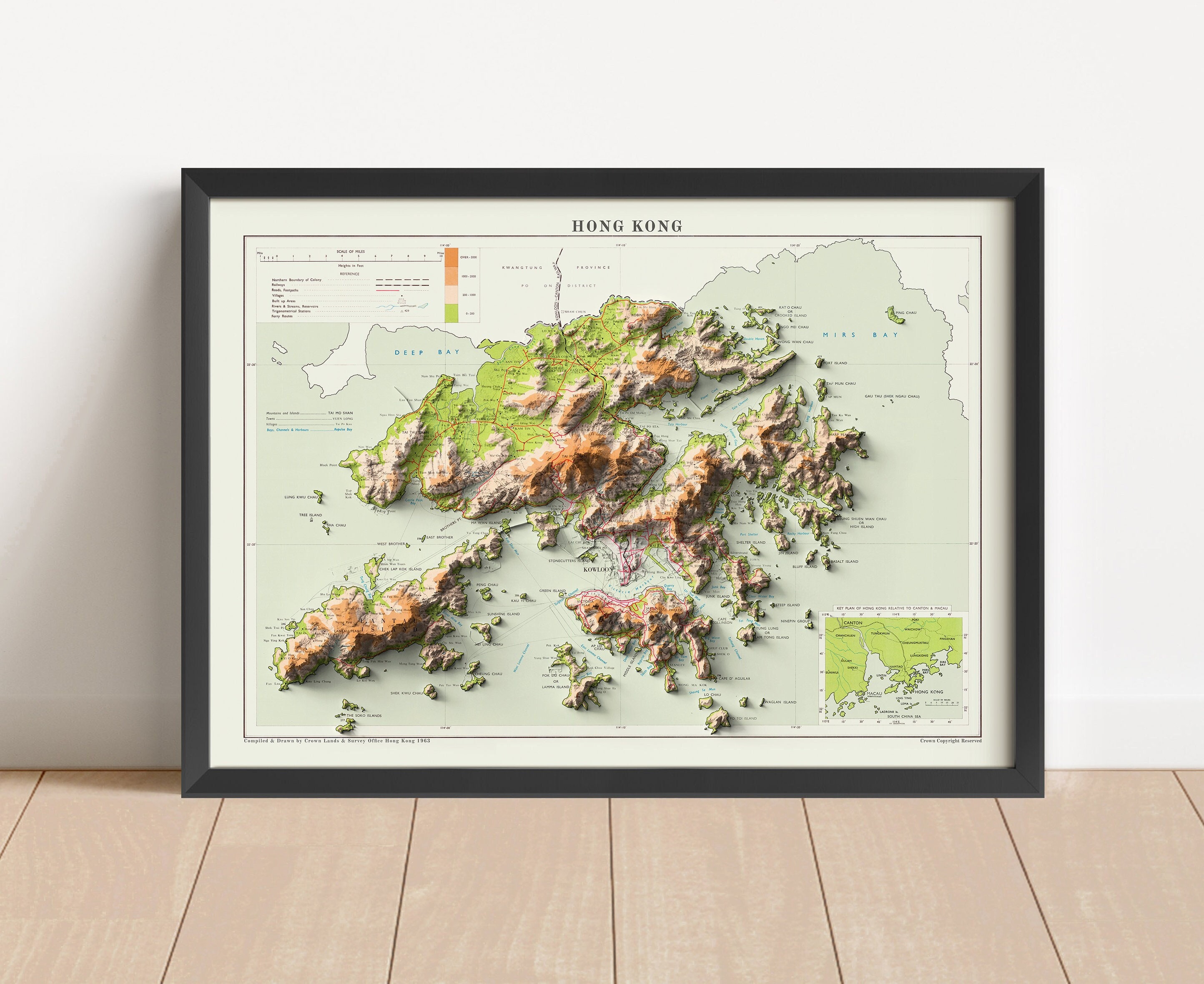 Hong Kong Map 1963, Hong Kong Relief Map, Hong Kong Wall Decor, Hong ...
