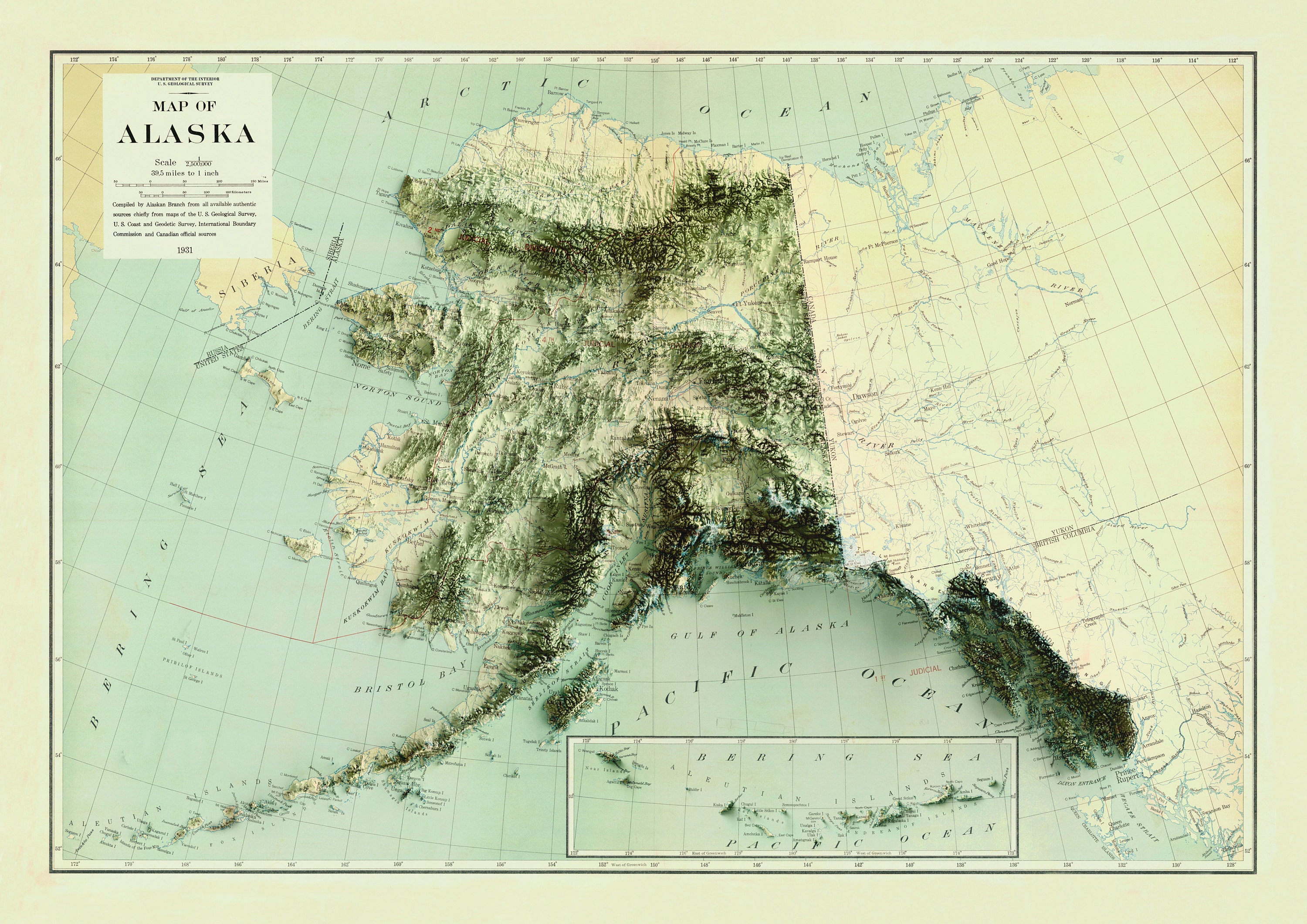 Alaska Map Relief Map of Alaska Alaska Historical Map Vintage Map of ...