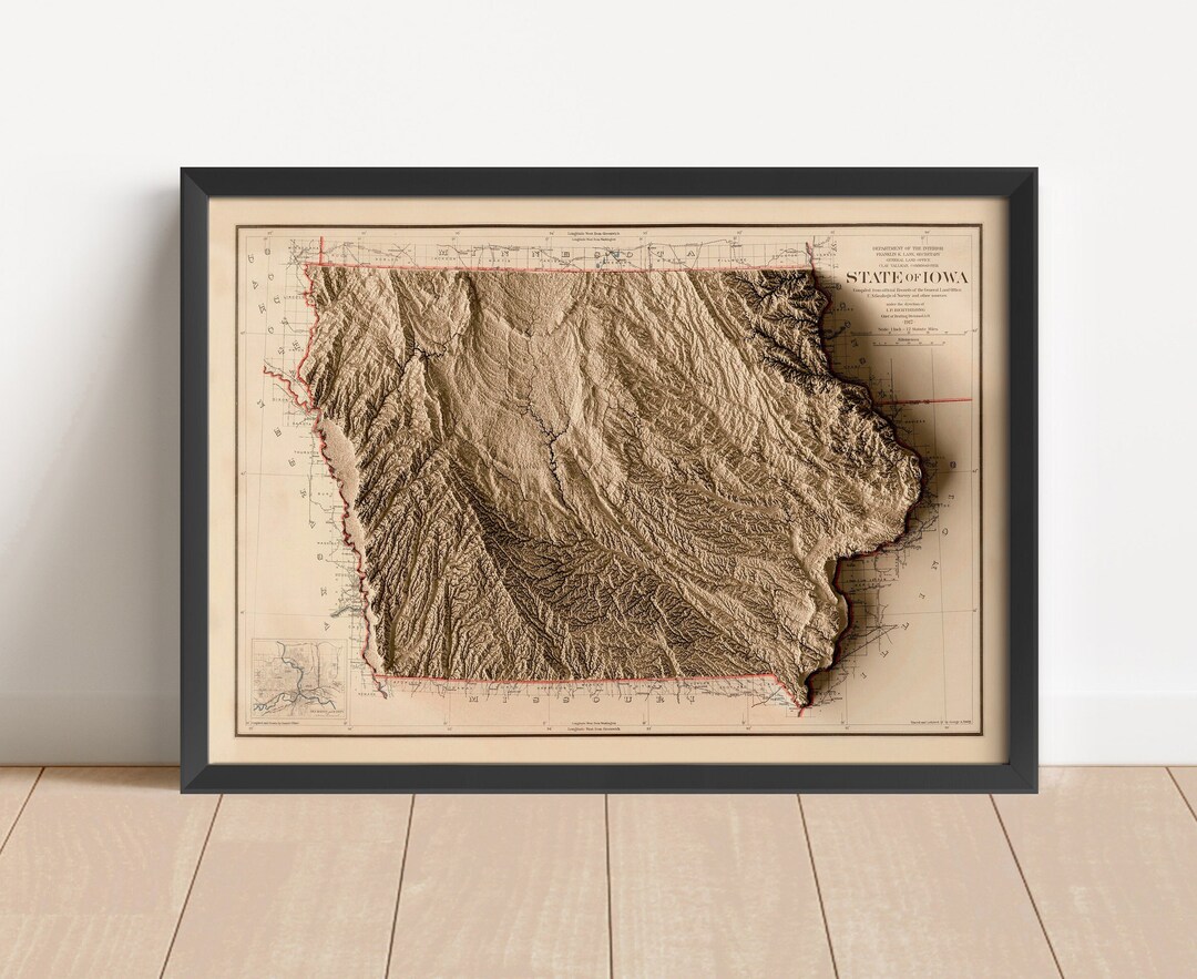 Iowa Map (1917), Iowa Relief Map, Iowa Wall Decor, Iowa Vintage Map ...