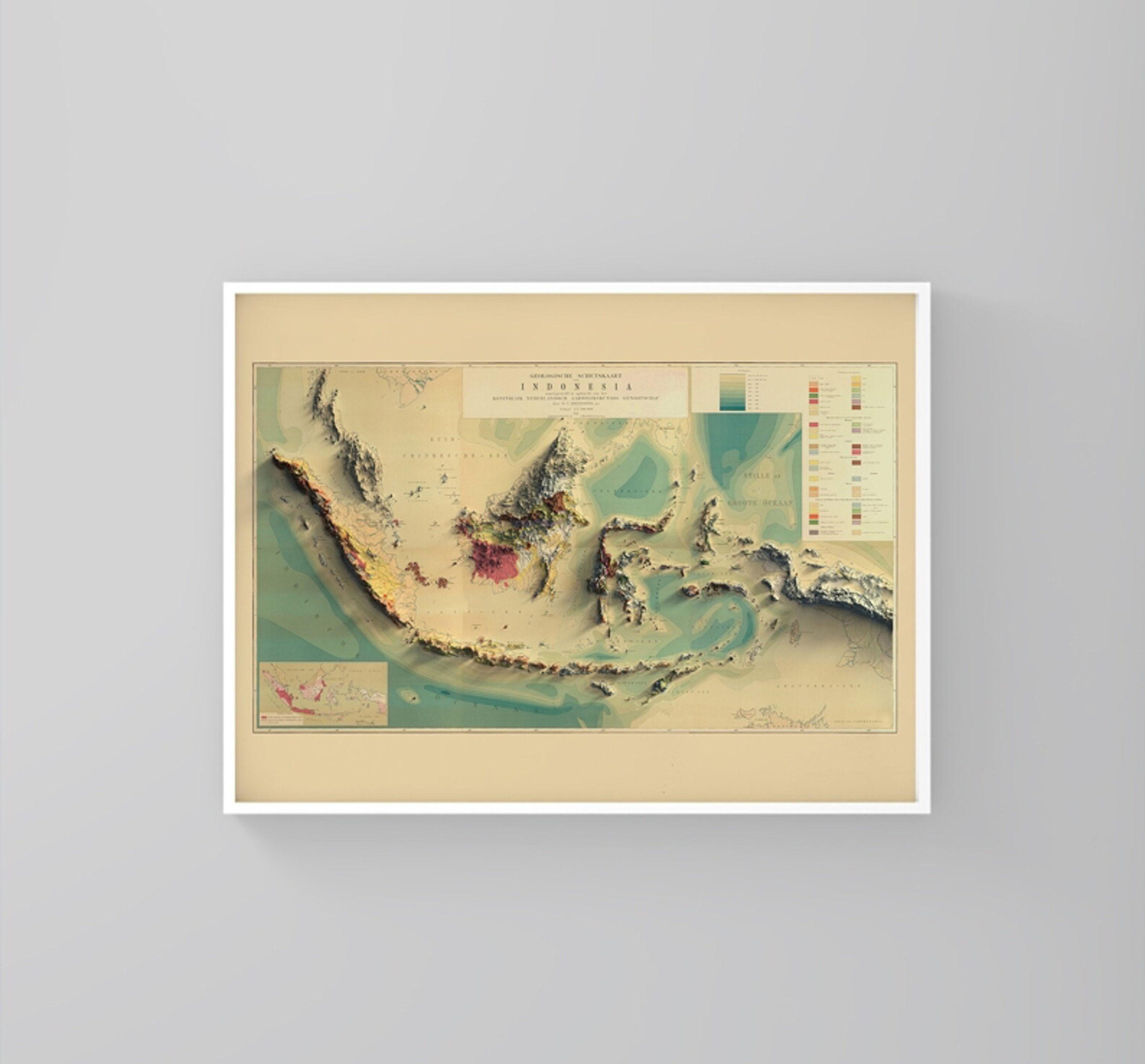 Indonesia Map 1914, Indonesia Relief Map, Indonesia Wall Decor ...
