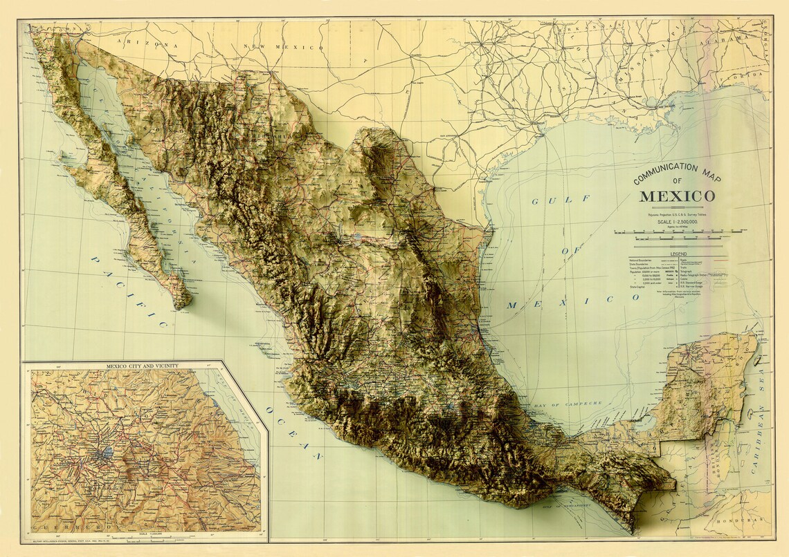 Map of Mexico Relief Map of Mexico Mexico Map Old Map of Mexico Vintage ...