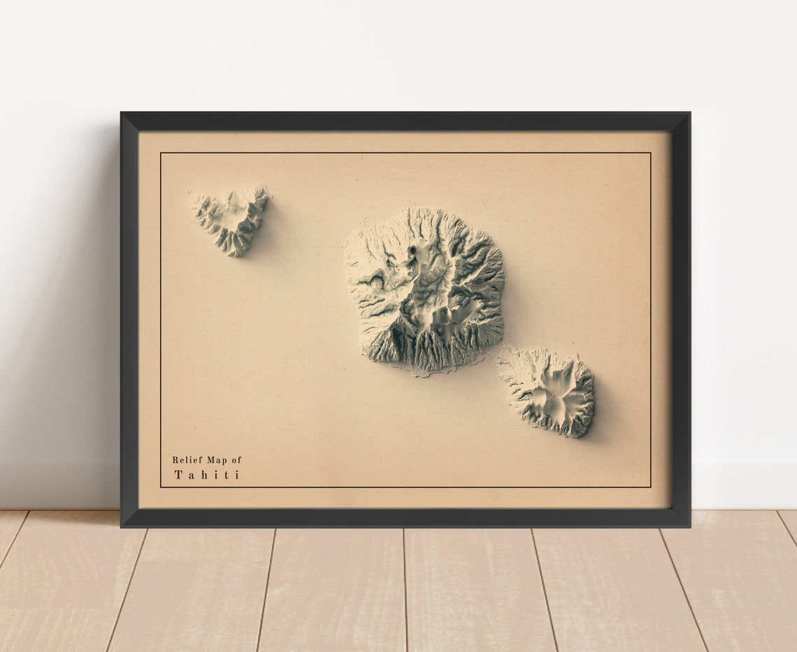 Tahiti Map, Tahiti Relief Map, Tahiti Wall Decor, Tahiti Minimalist Map ...