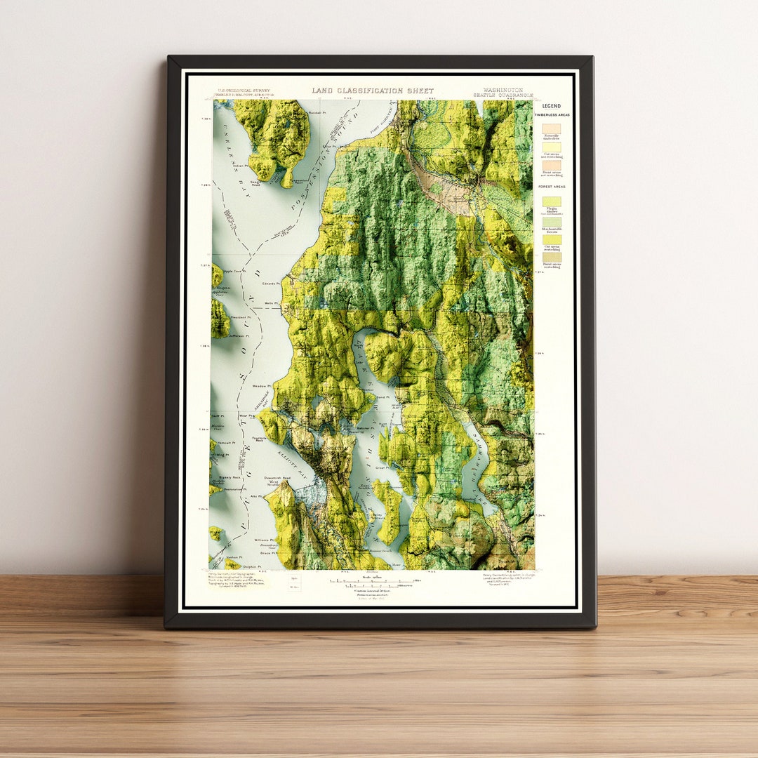 Seattle Map Relief Map of Seattle Seattle Historical Map Vintage Map of ...