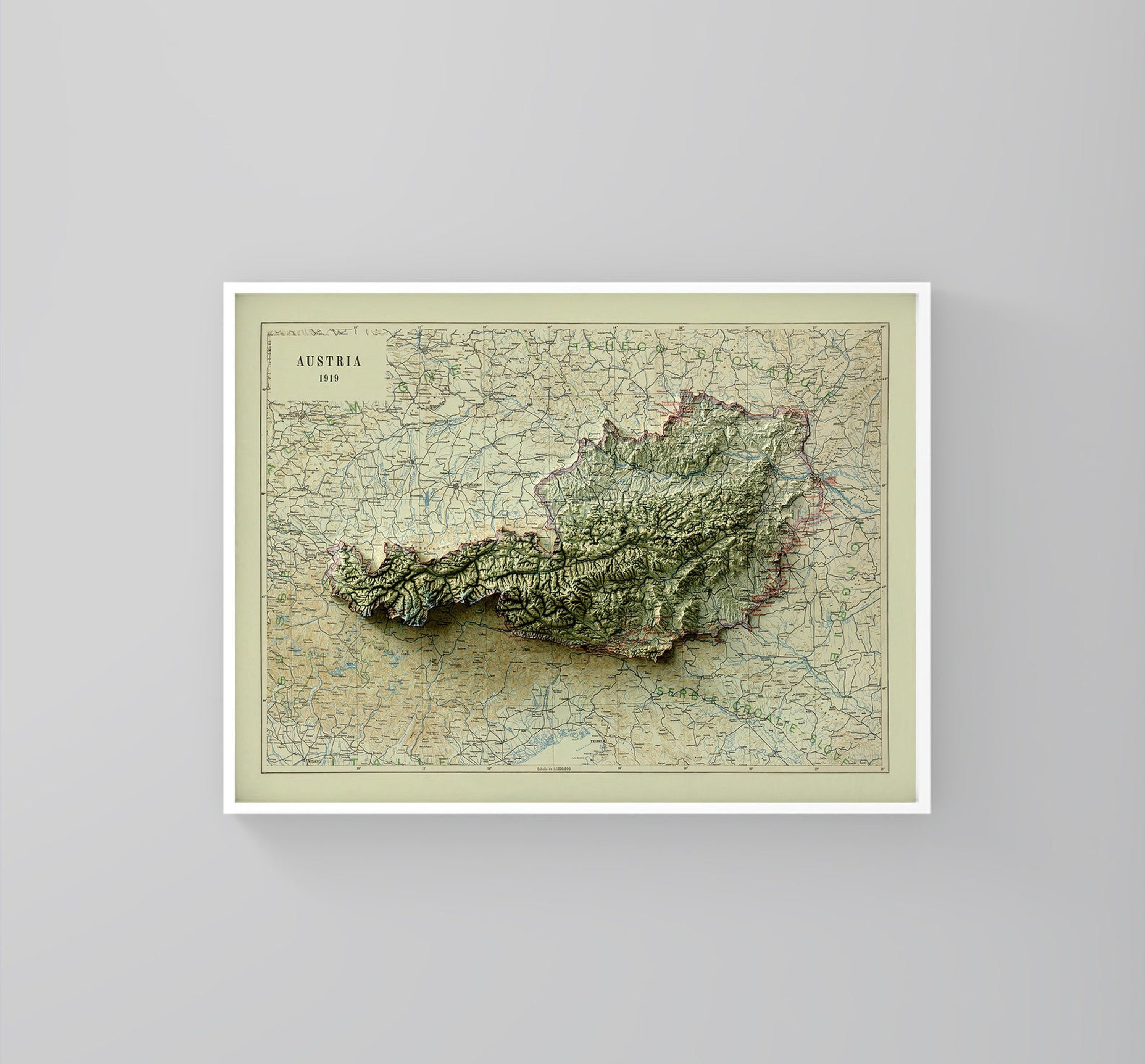 Austria Map 1919, Austria Relief Map, Austria Wall Decor, Austria ...