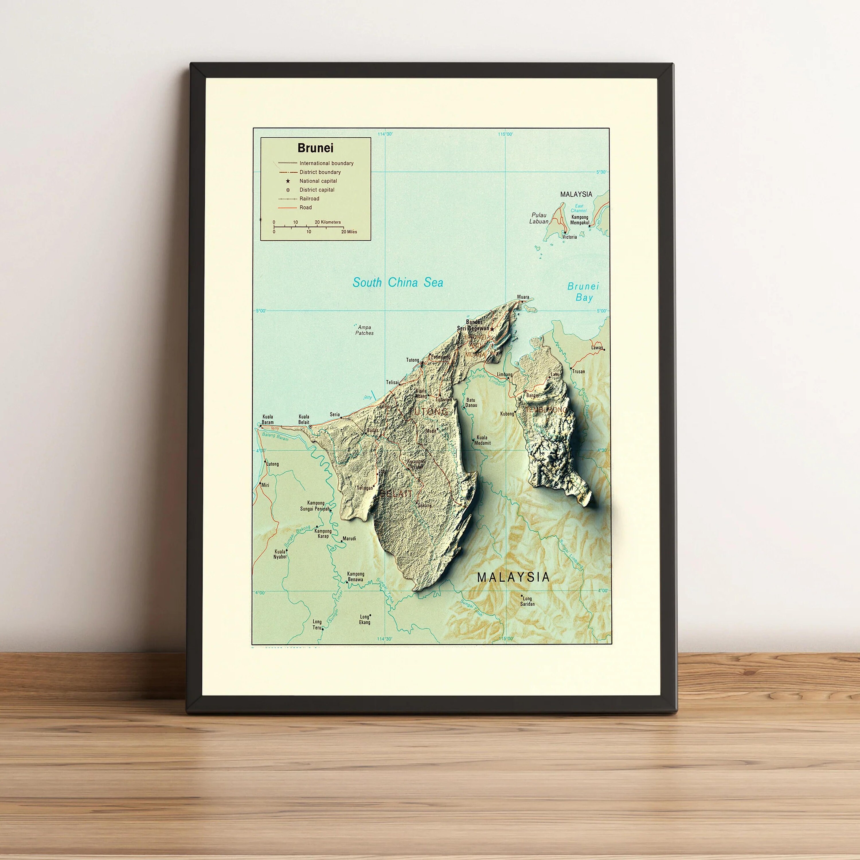 Brunei Map 1984, Brunei Relief Map, Brunei Wall Decor, Brunei Vintage ...