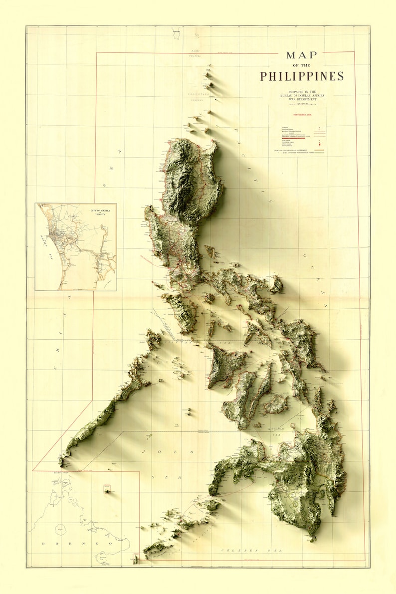Philippines Map Relief Map of the Philippines Philippines - Etsy