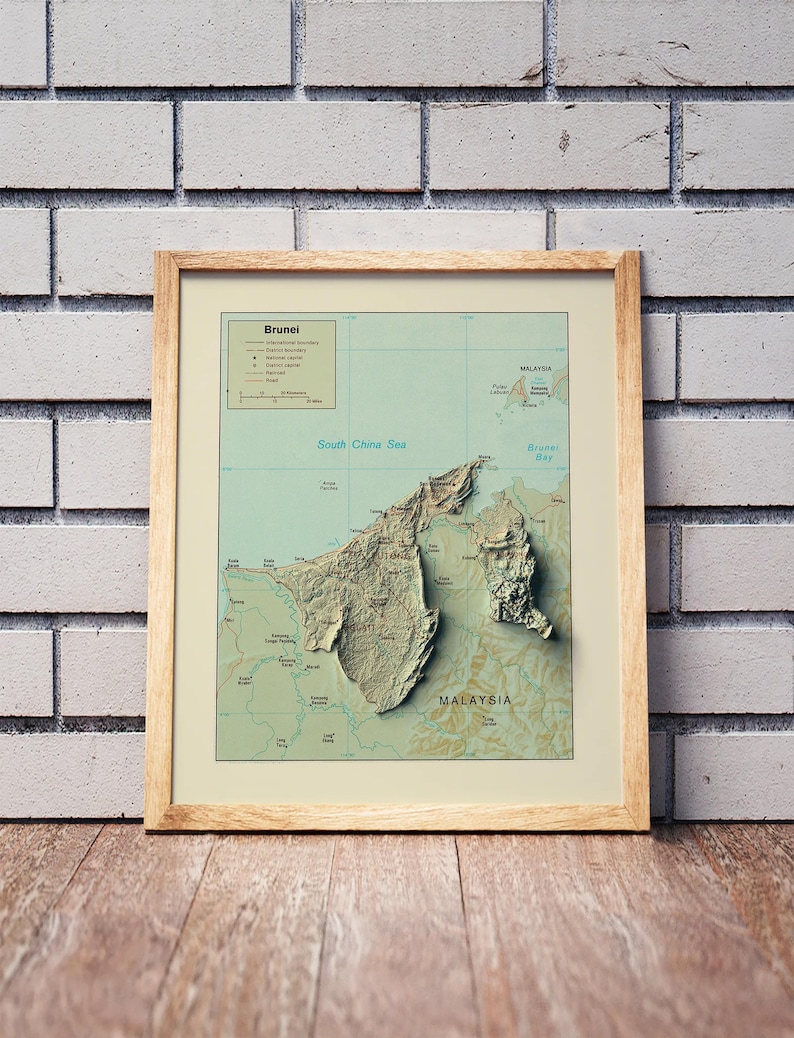 Brunei Vintage Relief Map, Based on 1984 Original | Brunei Wall Art ...