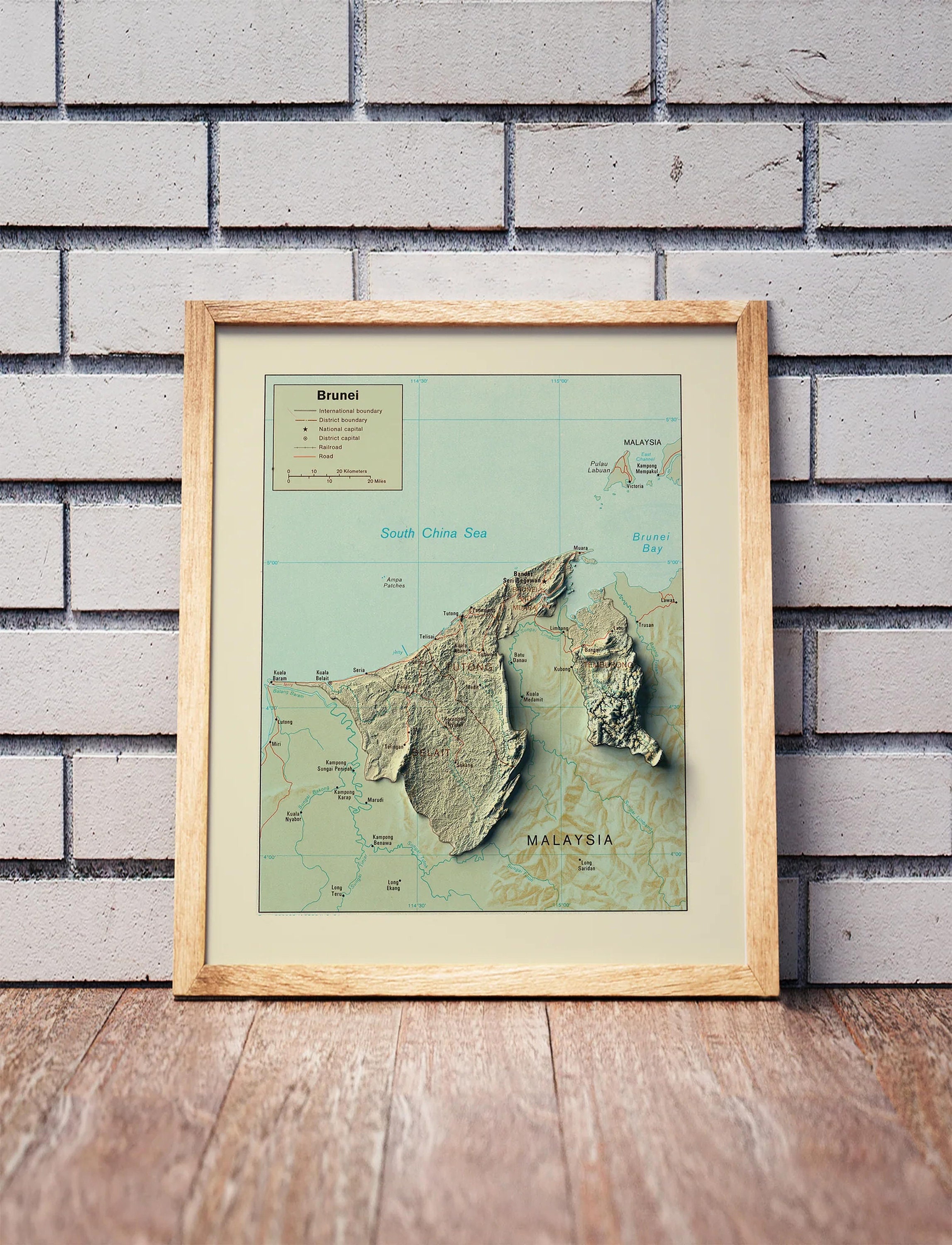 Brunei Map 1984, Brunei Relief Map, Brunei Wall Decor, Brunei Vintage ...