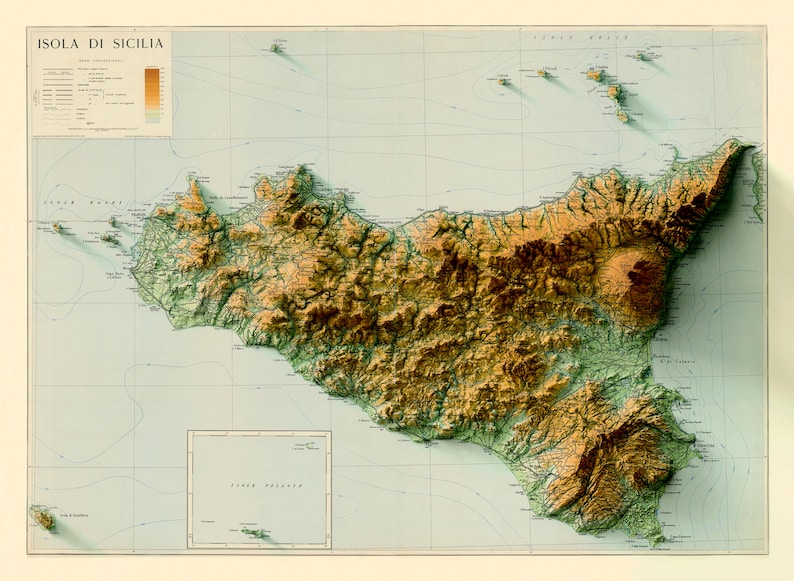 Carte de sicile Carte en relief de Sicile Décor mural de Sicile Carte vintage de la Sicile Carte ...